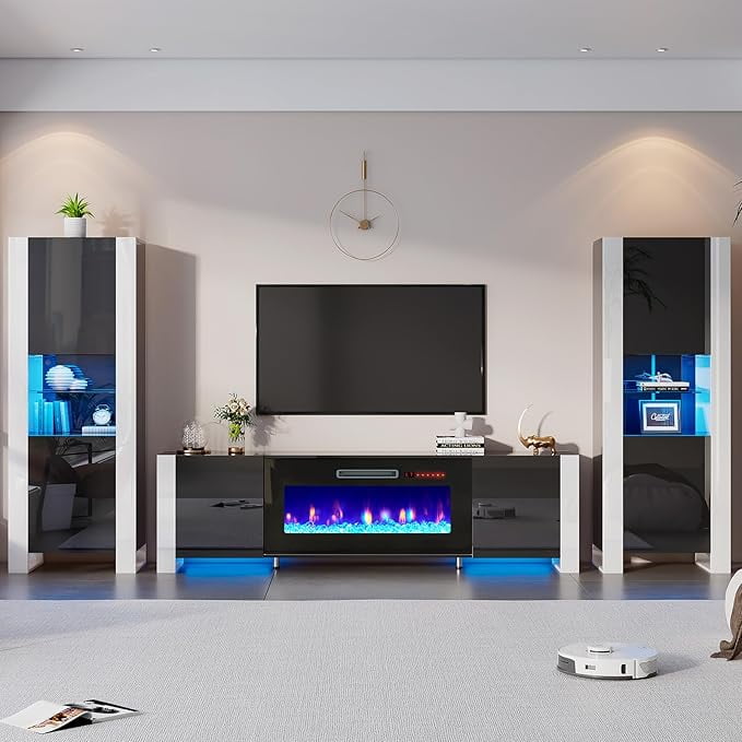 Merluxy 3 Pieces Modern Entertainment Center Set, High Gloss 80 ...