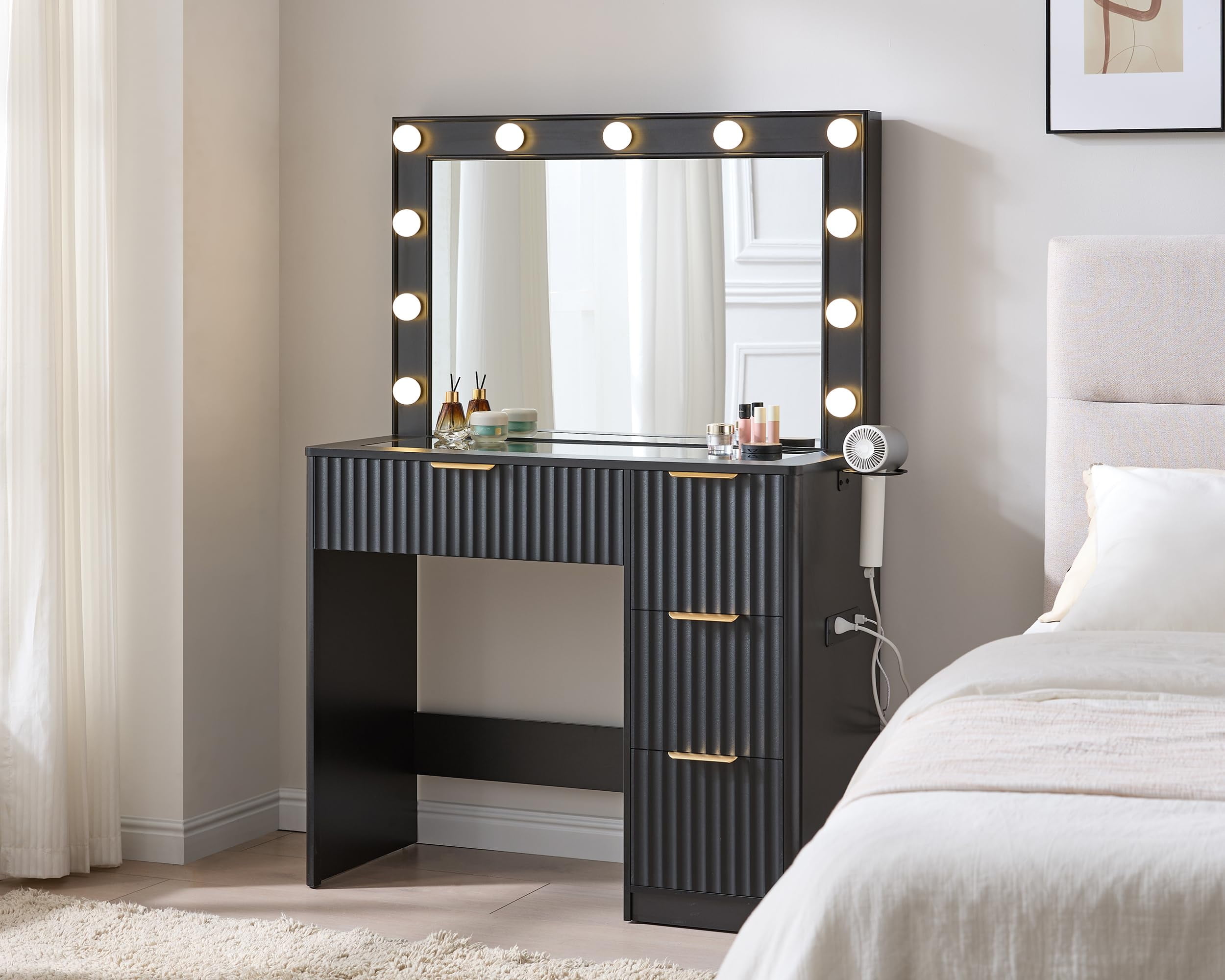 Merluxy 36.2" Girls Vanity Desk with Large Mirror and Adjustable LED ...