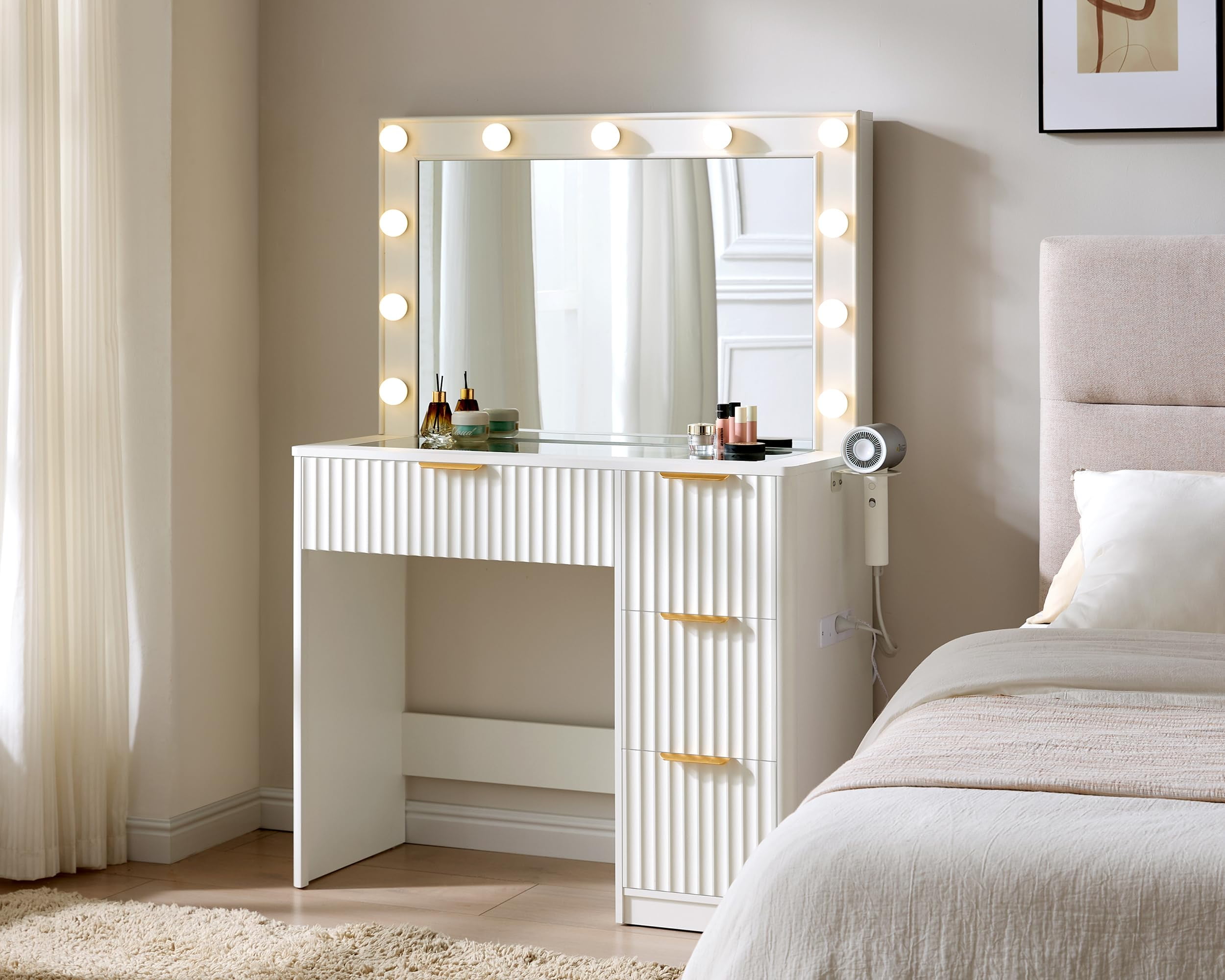 Merluxy 36.2" Girls Vanity Desk with Large Mirror and Adjustable LED ...