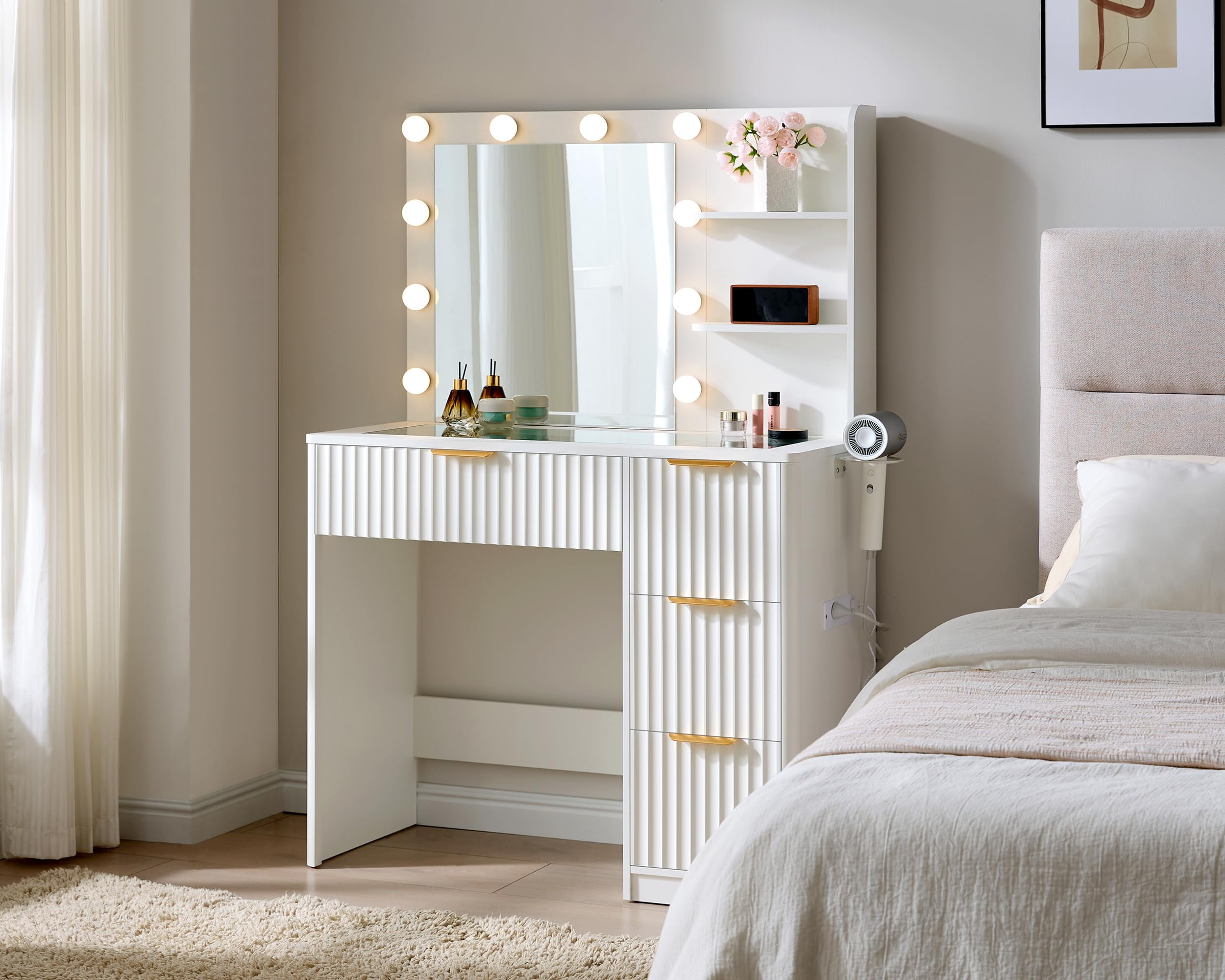 Merluxy 36.2" Girls Vanity Desk with Mirror and Adjustable LED Lights ...