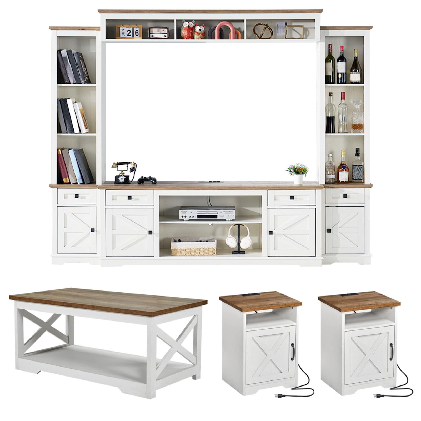Merluxy 4 Pieces Living Room Table Sets, 98" Farmhouse Wall Unit TV ...
