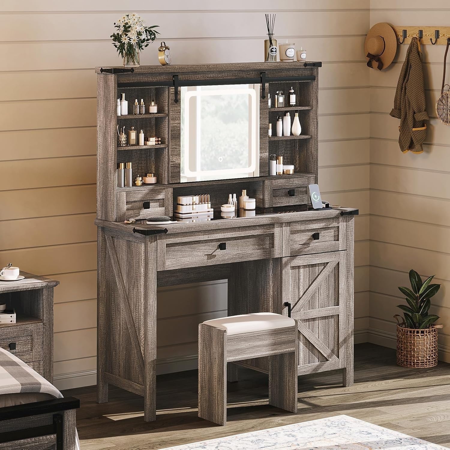 Merluxy 42" Farmhouse Vanity Desk with Sliding LED Mirror, Glass Top ...