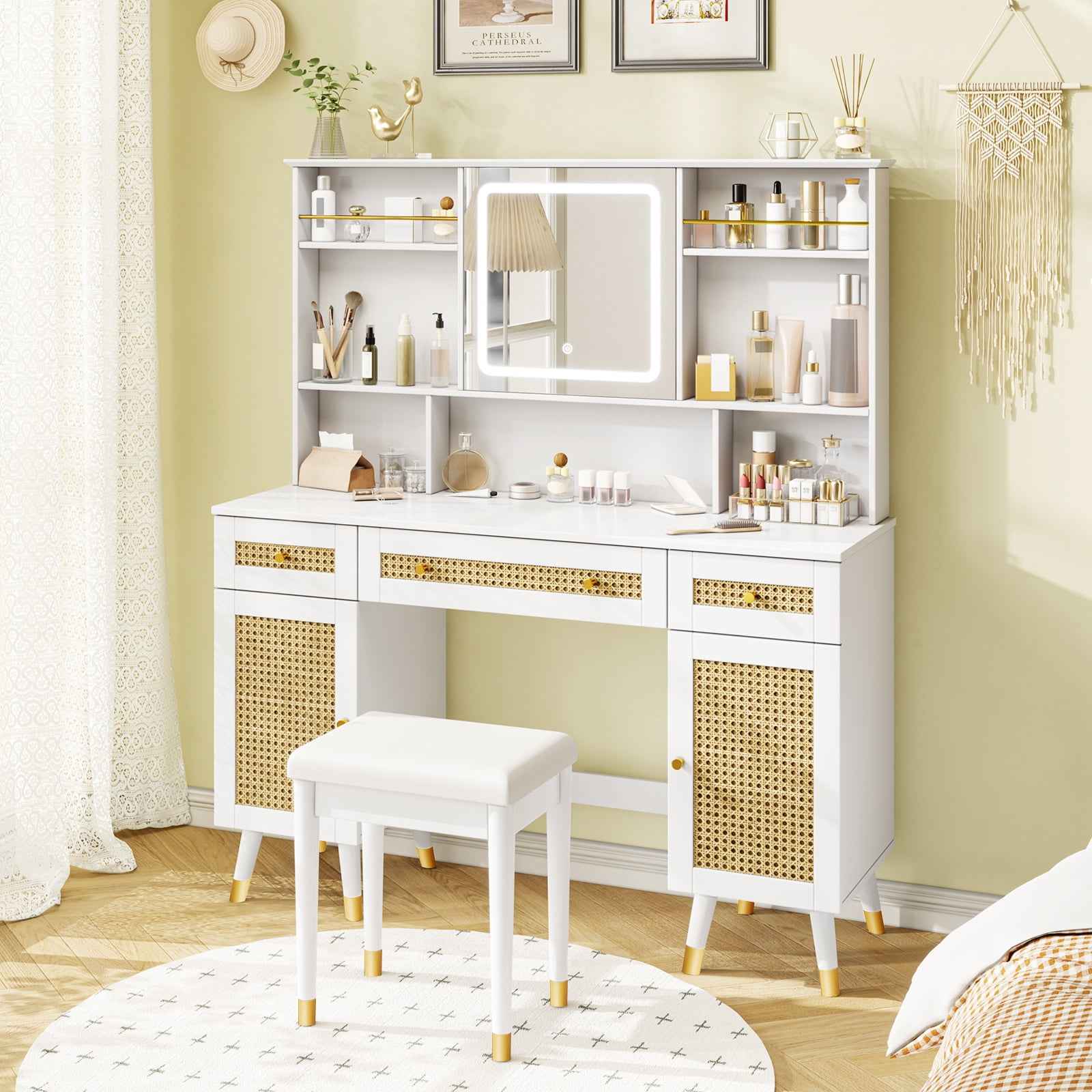 AMERLIFE 47" White Rattan Makeup Vanity with Lighted Mirror - Modern ...