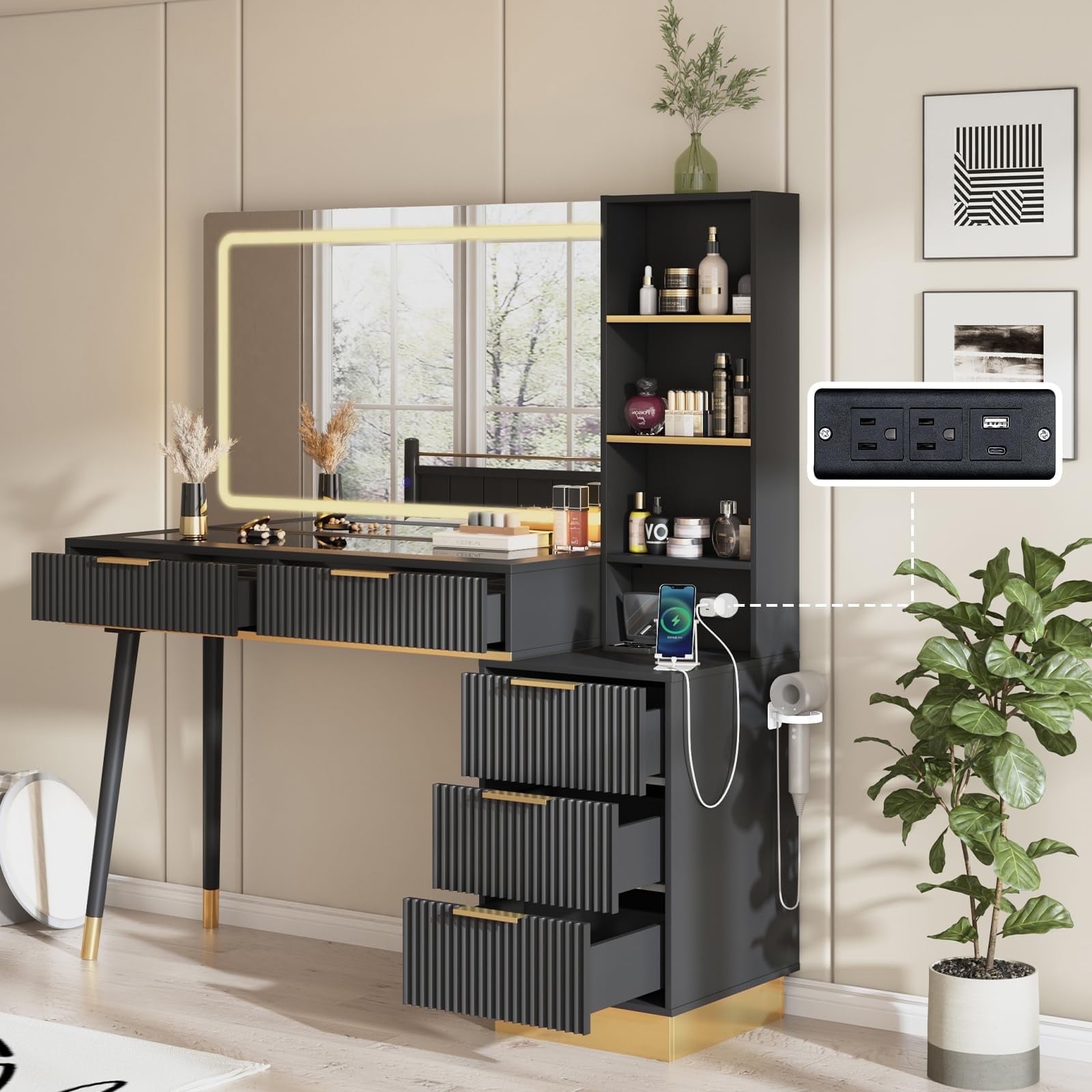 Merluxy 48" Modern Makeup Vanity Cabinet with Lighted Mirror, Glass Top ...