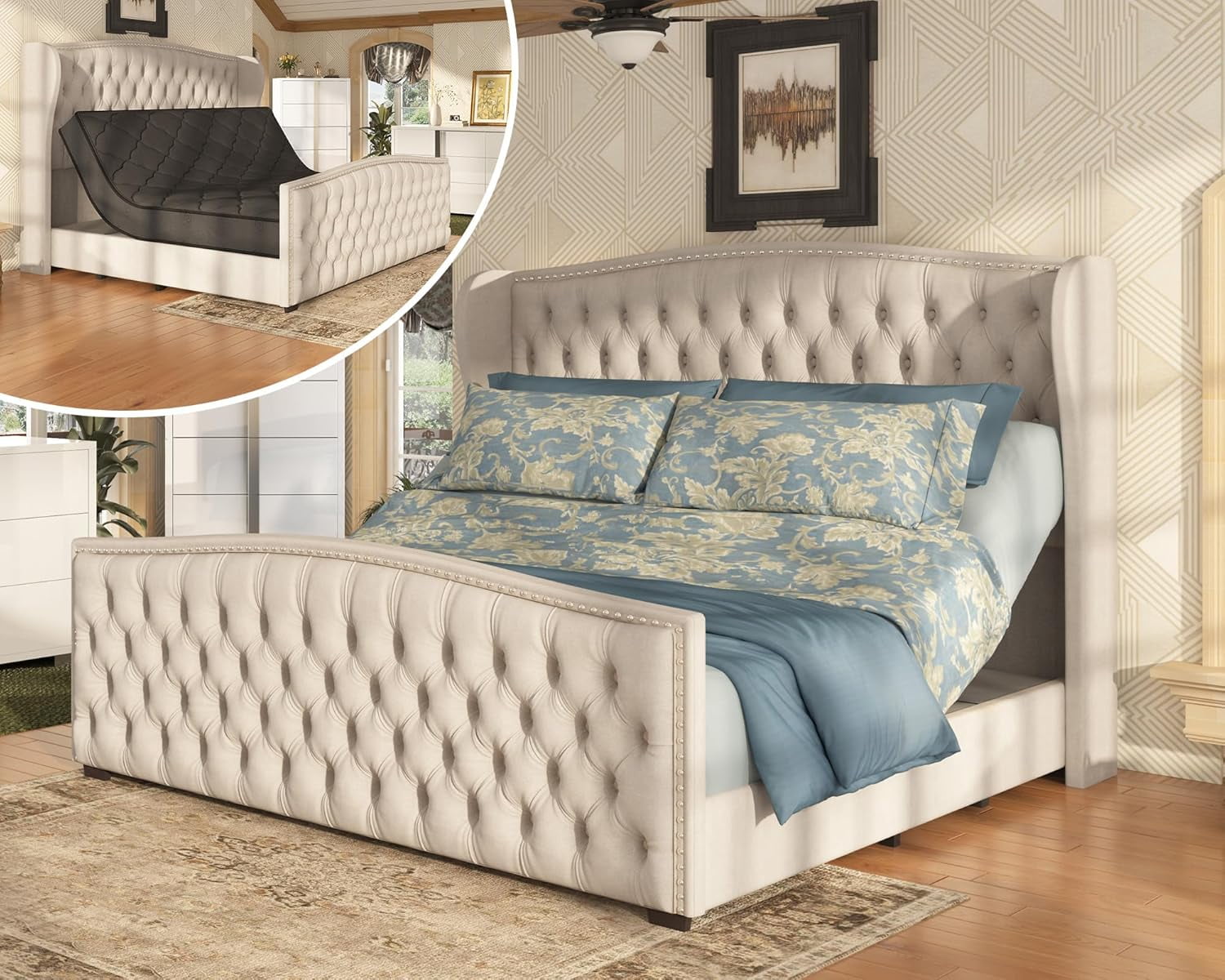 Merluxy 51" H Queen Size Adjustable Bed Frame with Dual Motor/Nailhead ...