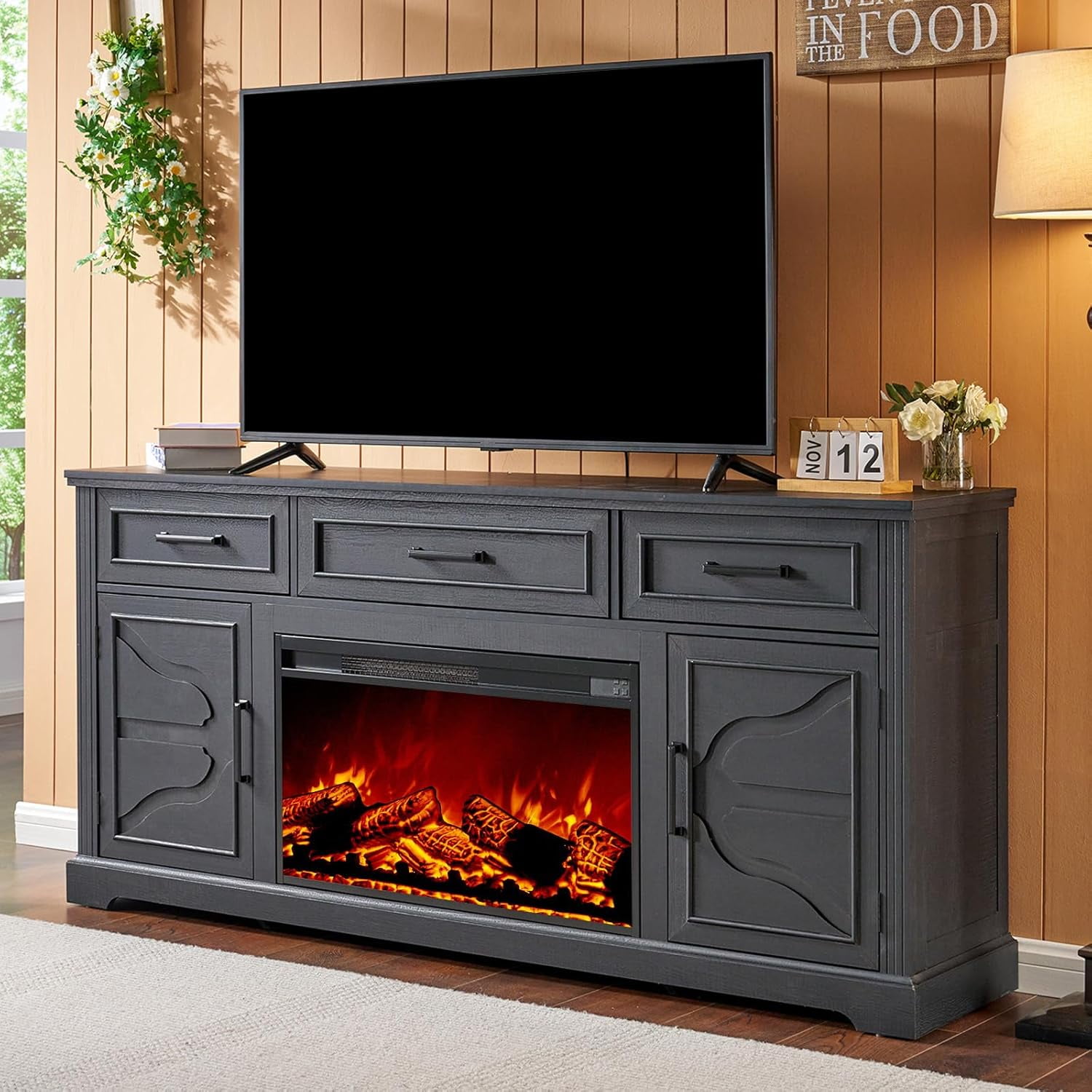 Merluxy 70" Farmhouse Fireplace TV Stand, Entertainment Center Table ...