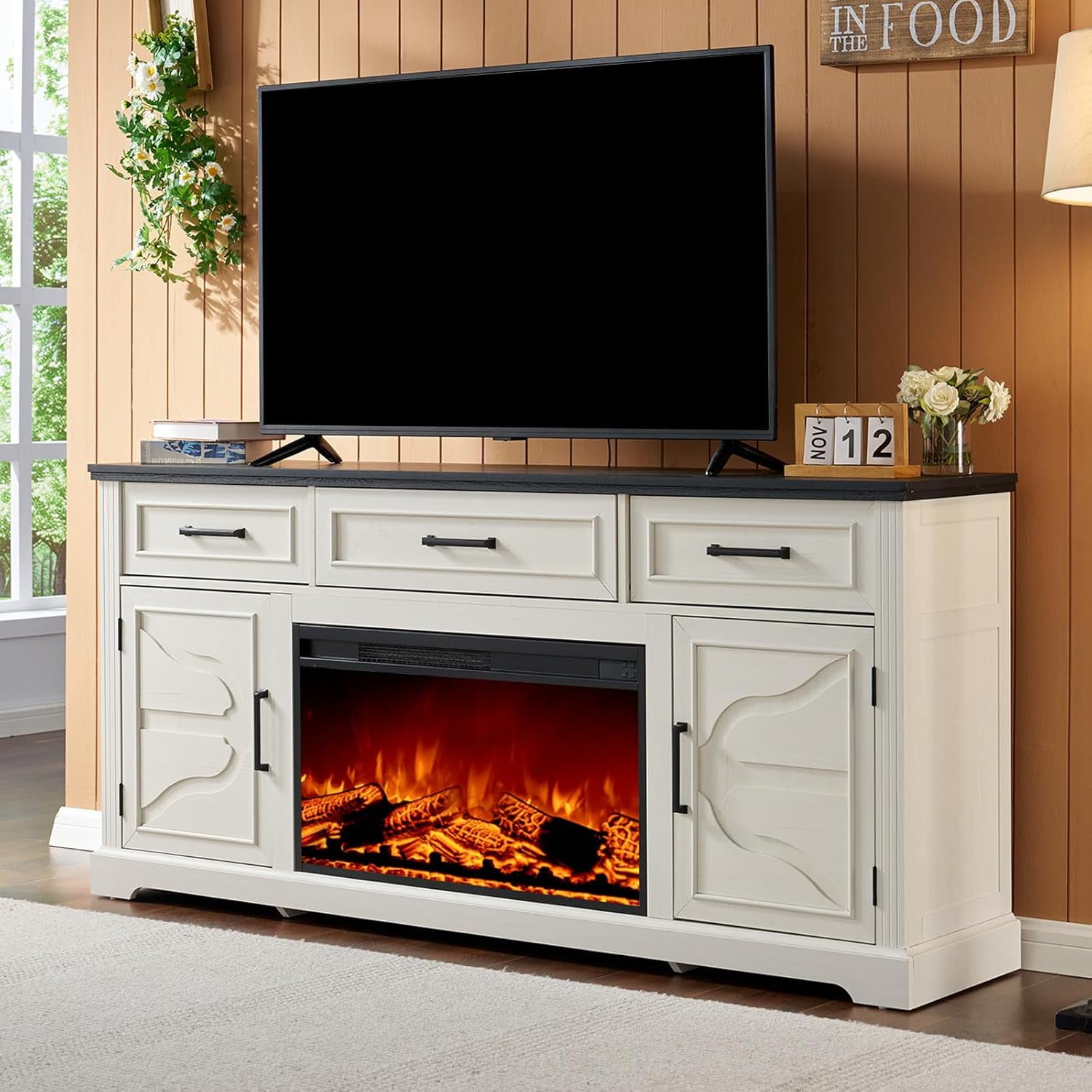 Merluxy 70" Farmhouse Fireplace TV Stand, Entertainment Center Table ...