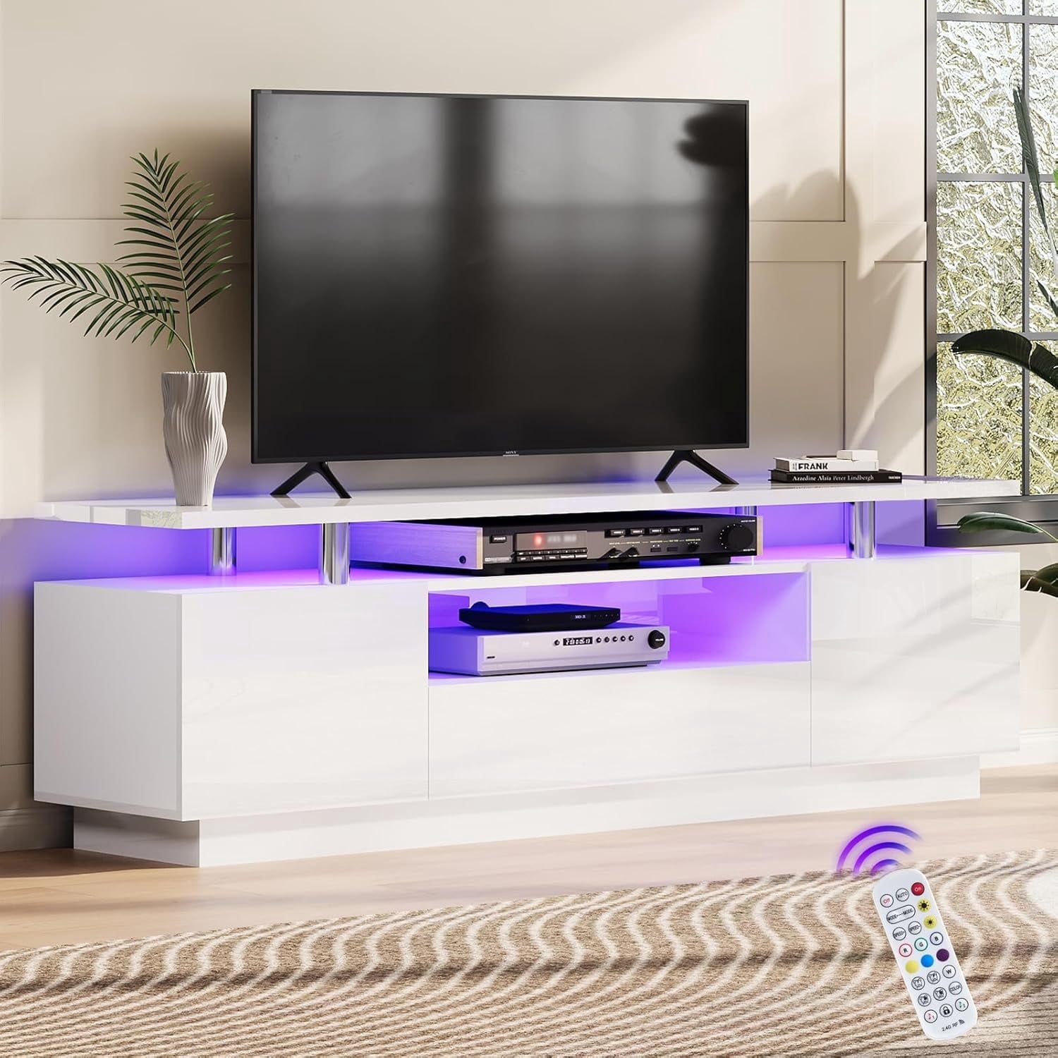 Merluxy 70" High Gloss TV Stand, 2 Tier TV Console Table for TVs up to ...