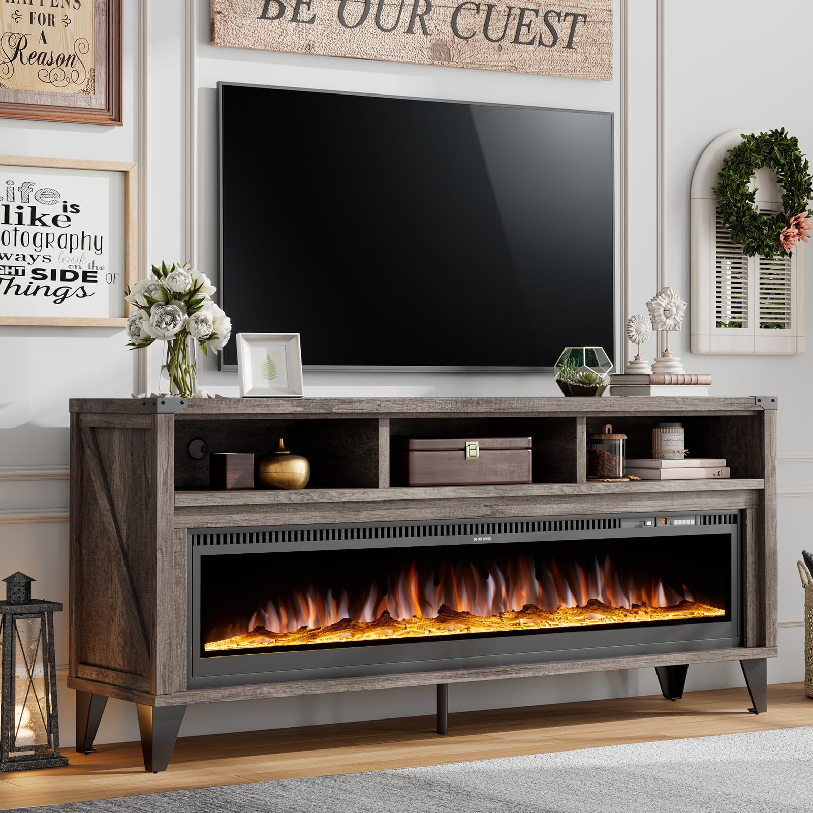 "AMERLIFE 75in Glass Fireplace TV Stand for TVs up to 85"", Wash Gray ...