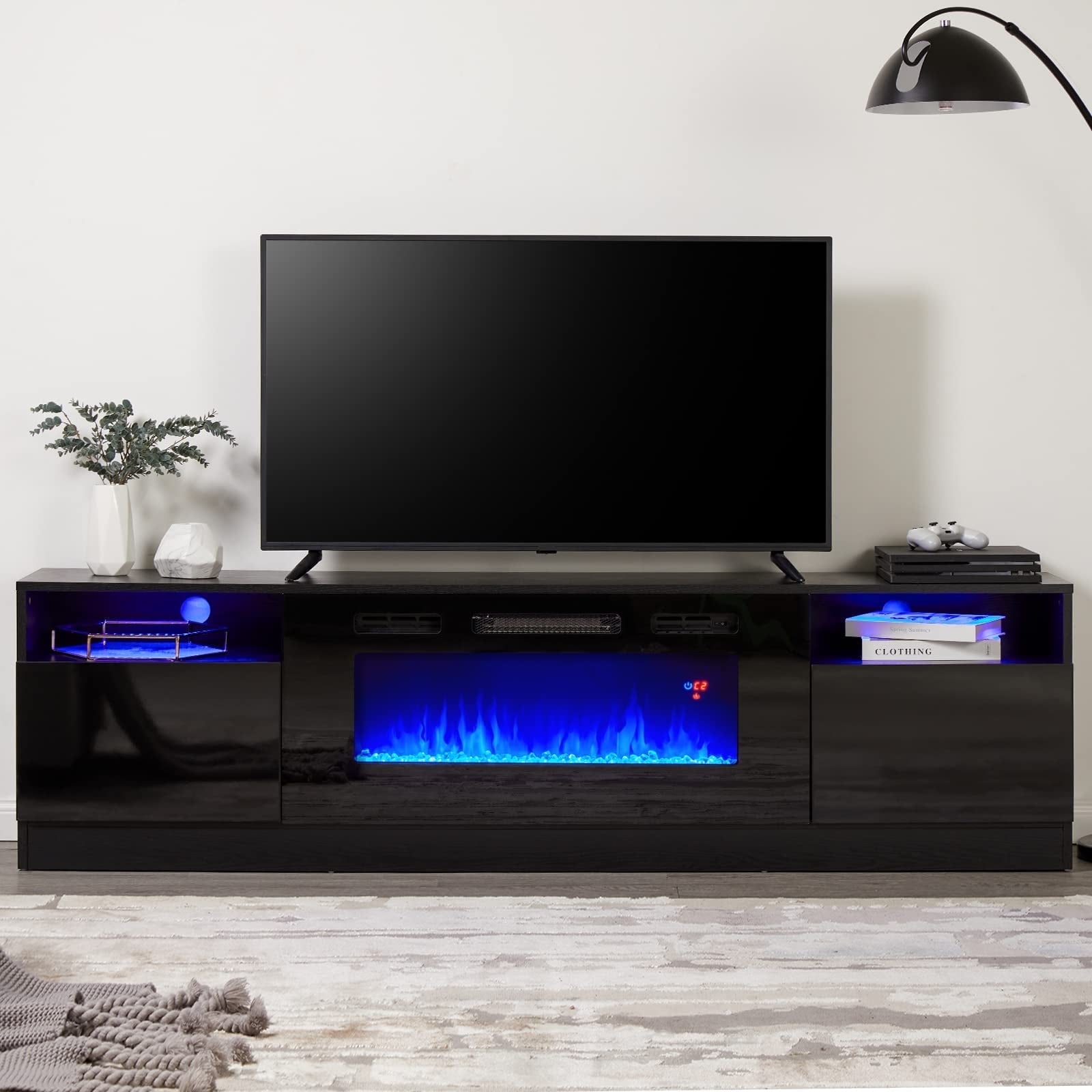 "Amerlife 80"" Black TV Stand with 40"" Electric Fireplace, Media ...