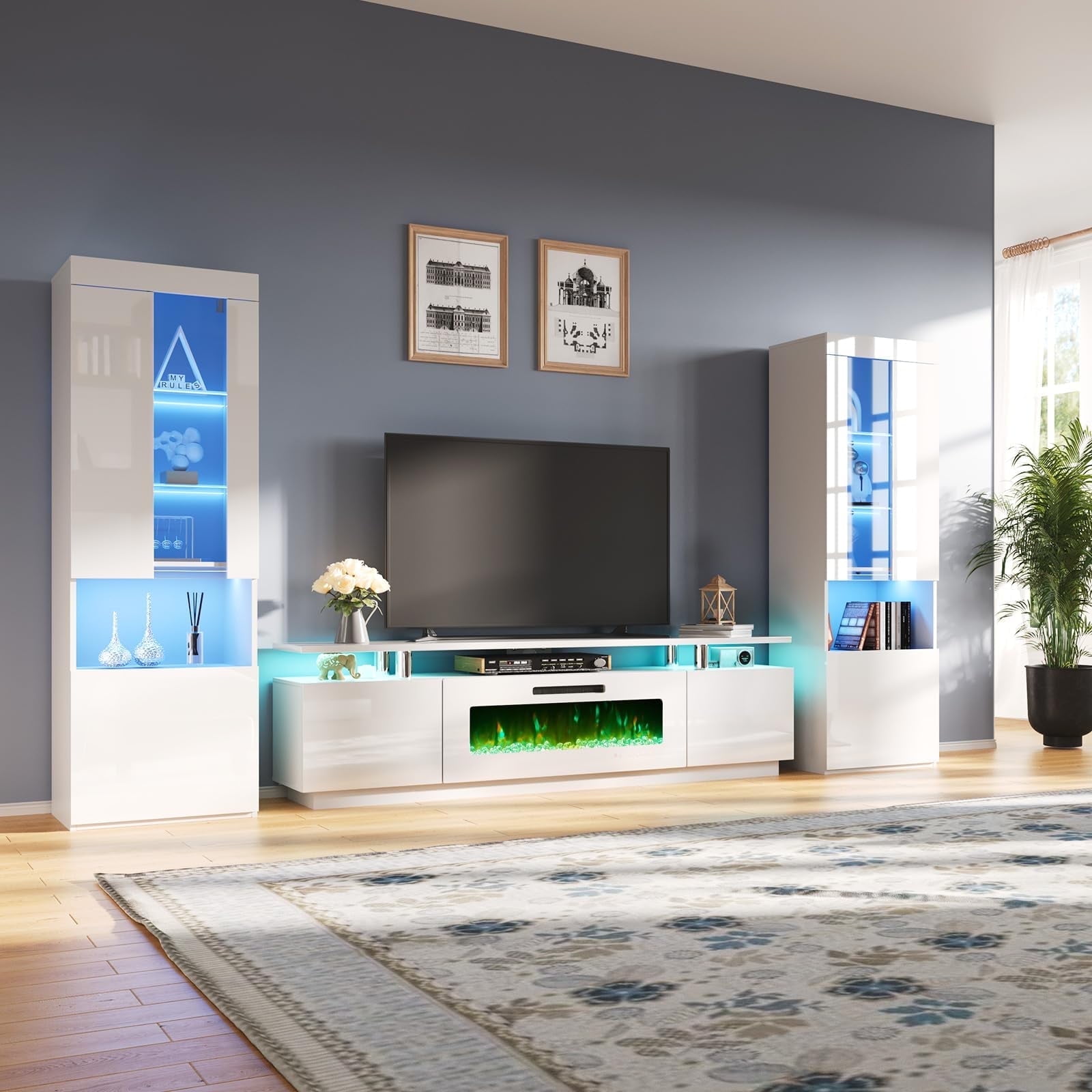 Merluxy Entertainment Center with Fireplace and Bookcases, High Gloss ...