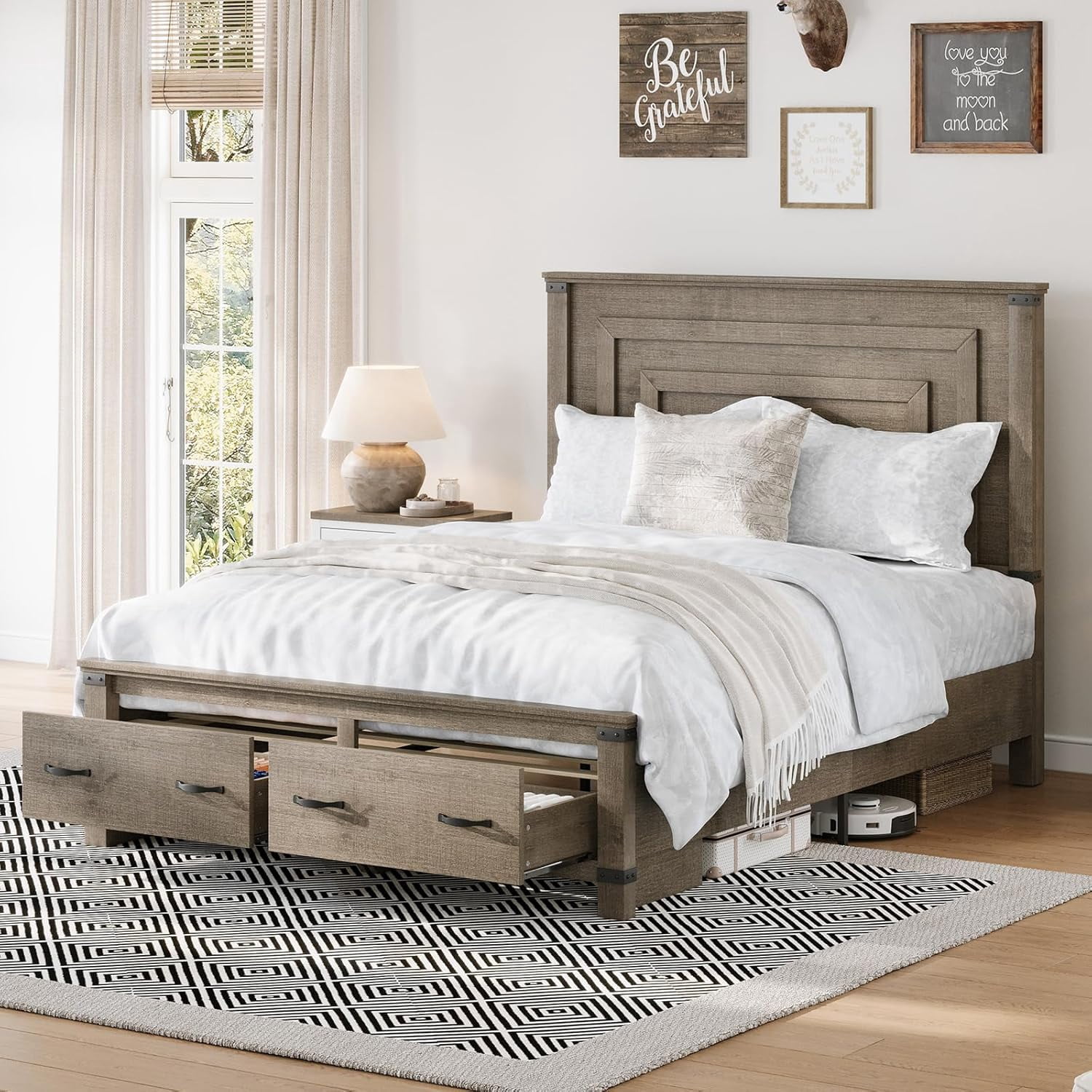 Merluxy Farmhouse Full Size Bed Frame, Rustic Wood Platform Bedstead ...