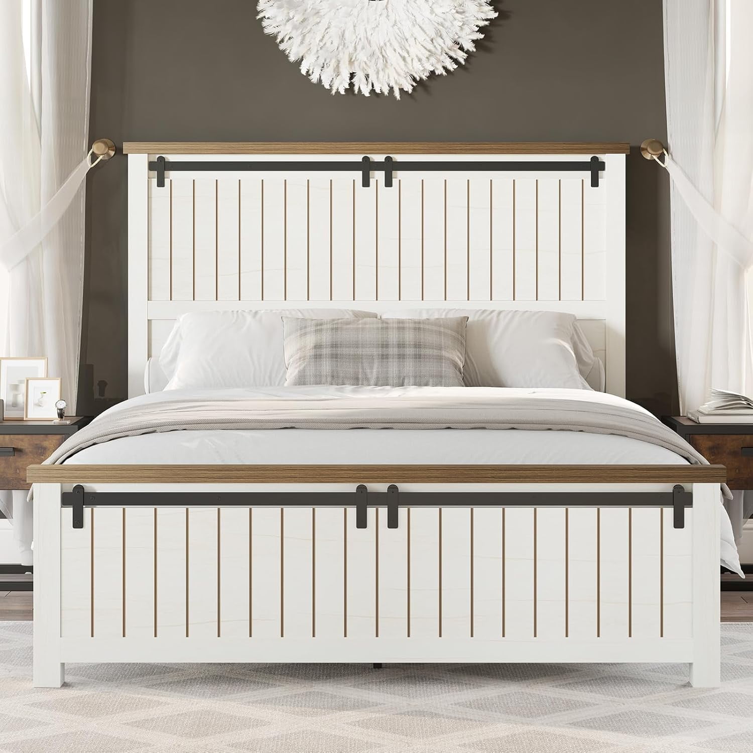 Merluxy Farmhouse King Size Bed Frame with Sliding Barn Door, Wooden ...