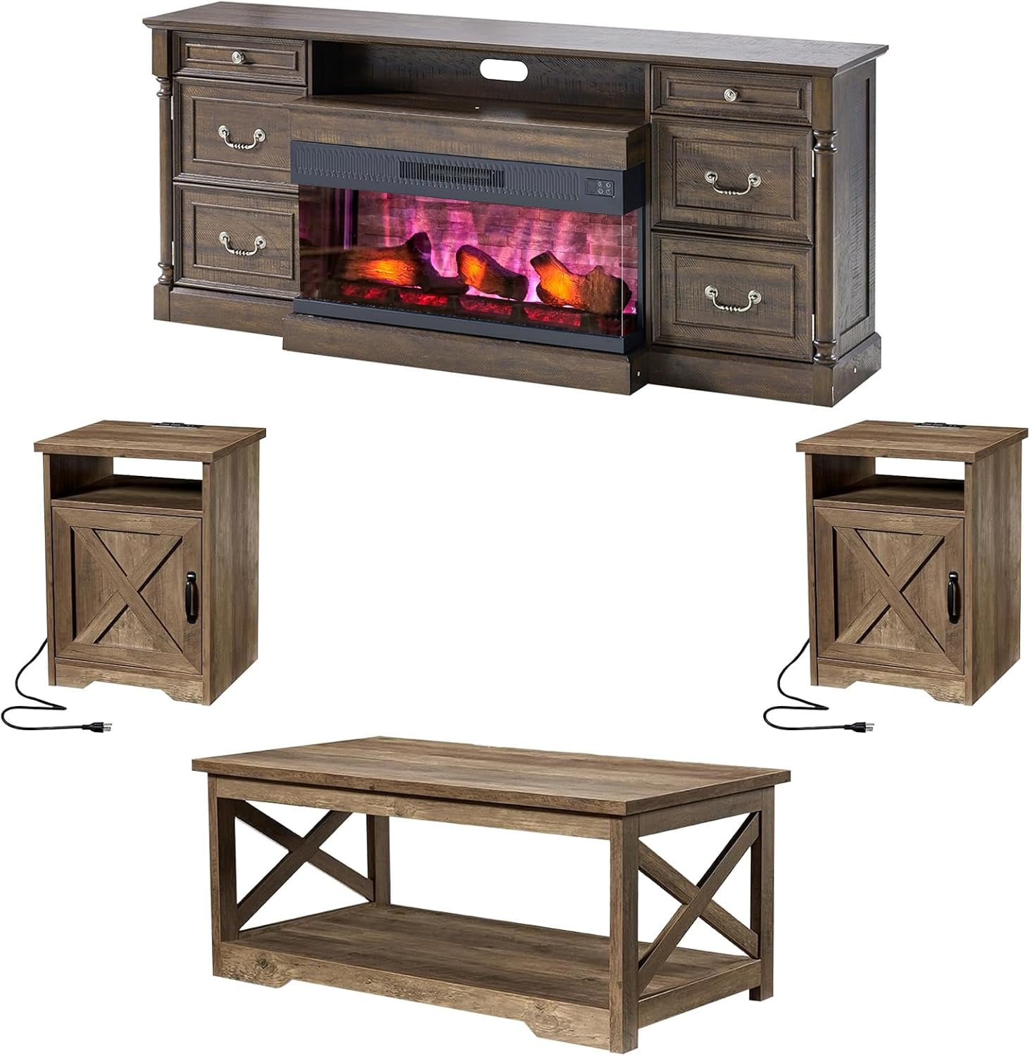 Merluxy Farmhouse Living Room Set, 75" TV Stand, Coffee Table & 2 Barn ...