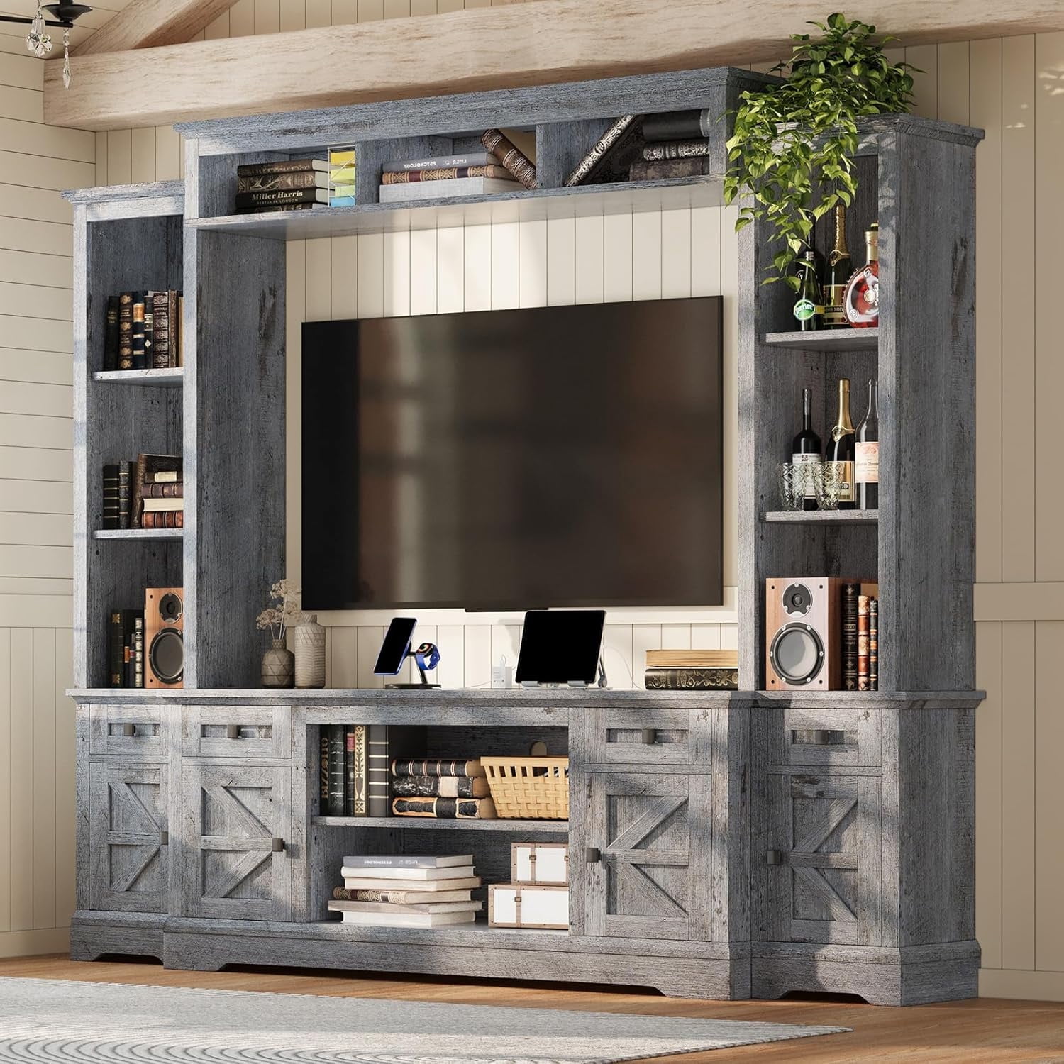 Merluxy Farmhouse Wall Unit TV Stand, 98 inch, Bookshelf, Wine Cabinet ...