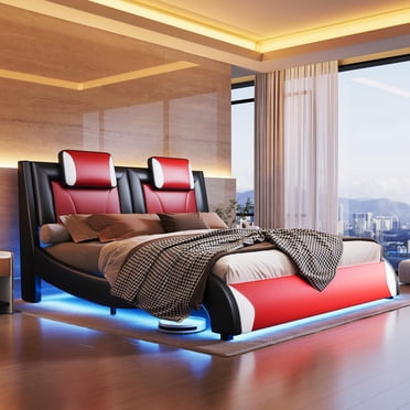 Full Platform Bed Frame with Headboard,Faux Leather Low Profile Wave ...