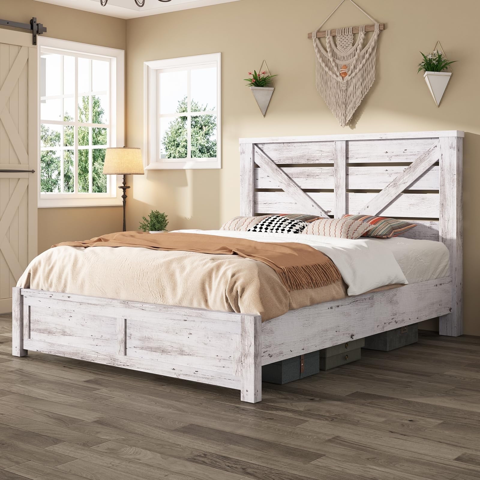 Merluxy Full Size Farmhouse Bed Frame with Barn Door Headboard ...
