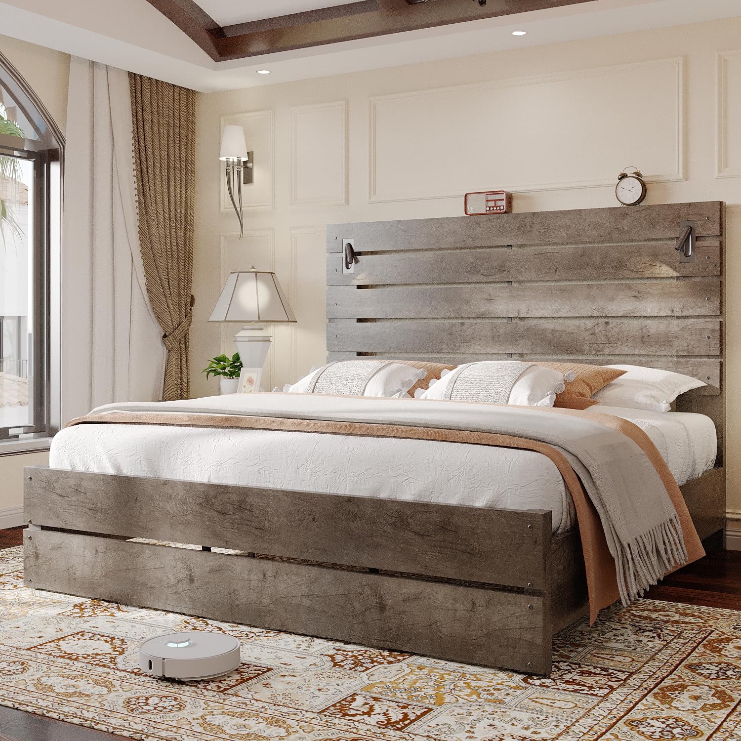 Merluxy Full Size Farmhouse Platform Bed Frame with 51”Tall Headboard ...