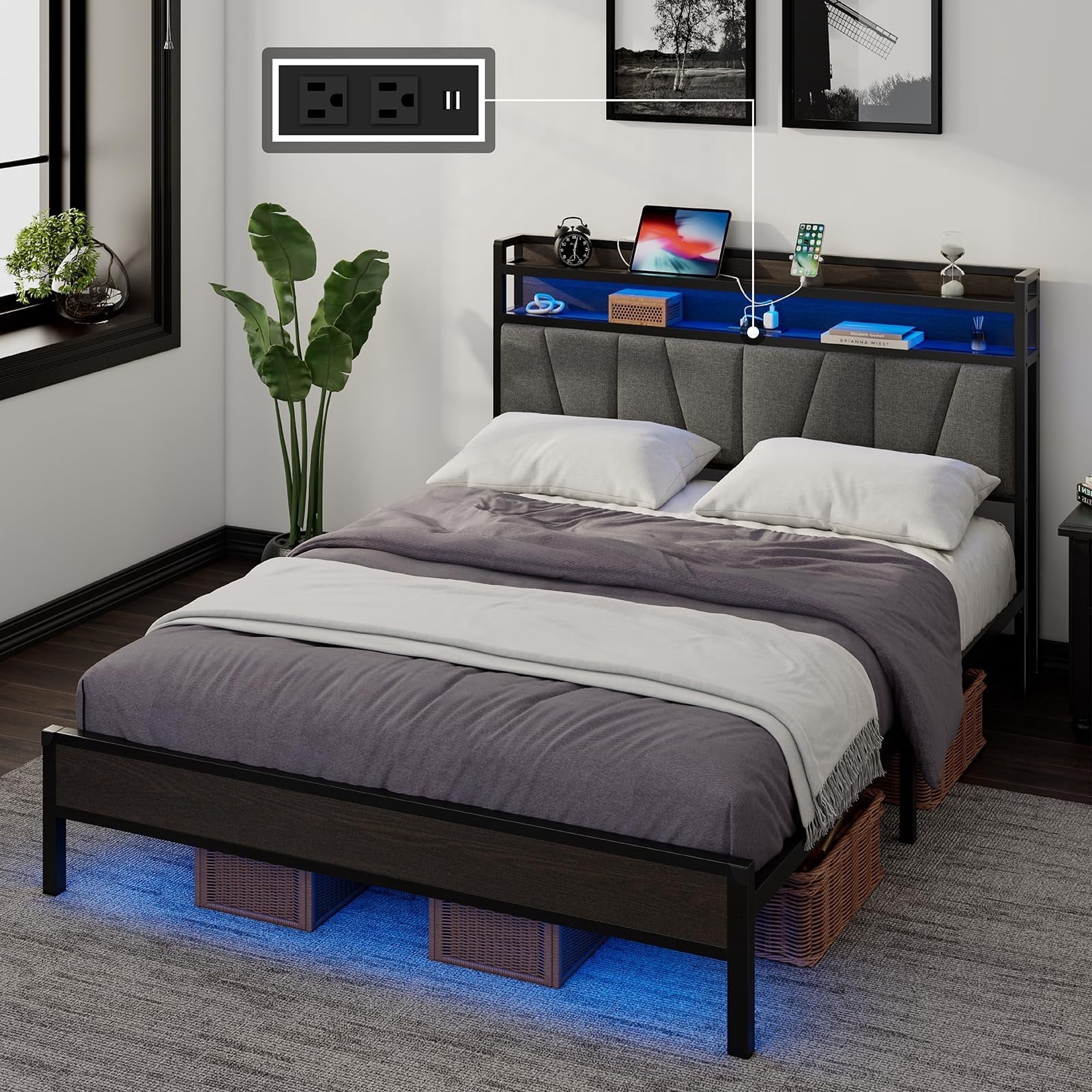 Merluxy Full Size LED Bed Frame, Storage Headboard with Charging ...