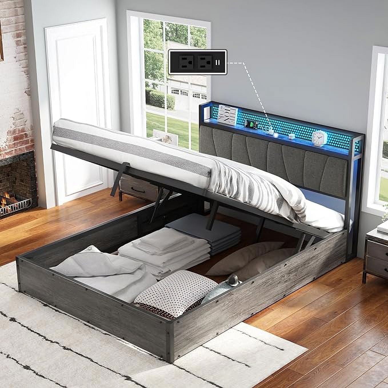 Merluxy Full Size Lift Up Bed Frame with Linen Upholstered & LED Light ...