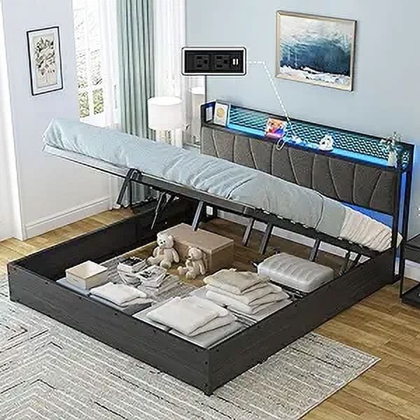 Merluxy King Size Lift Up Bed Frame with Linen Upholstered & LED Light ...