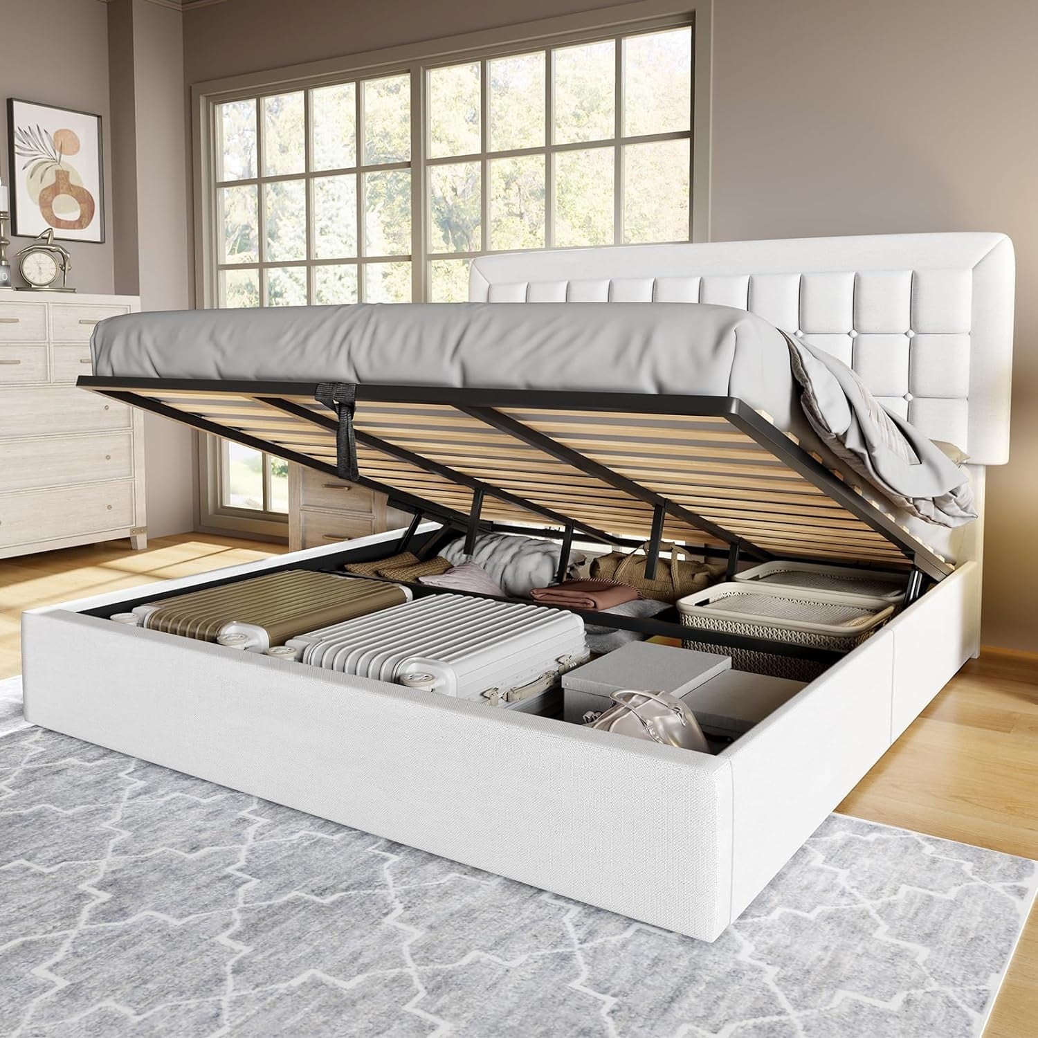 Jocisland King Size Bed Frame with Lift Up Storage, Upholstered ...