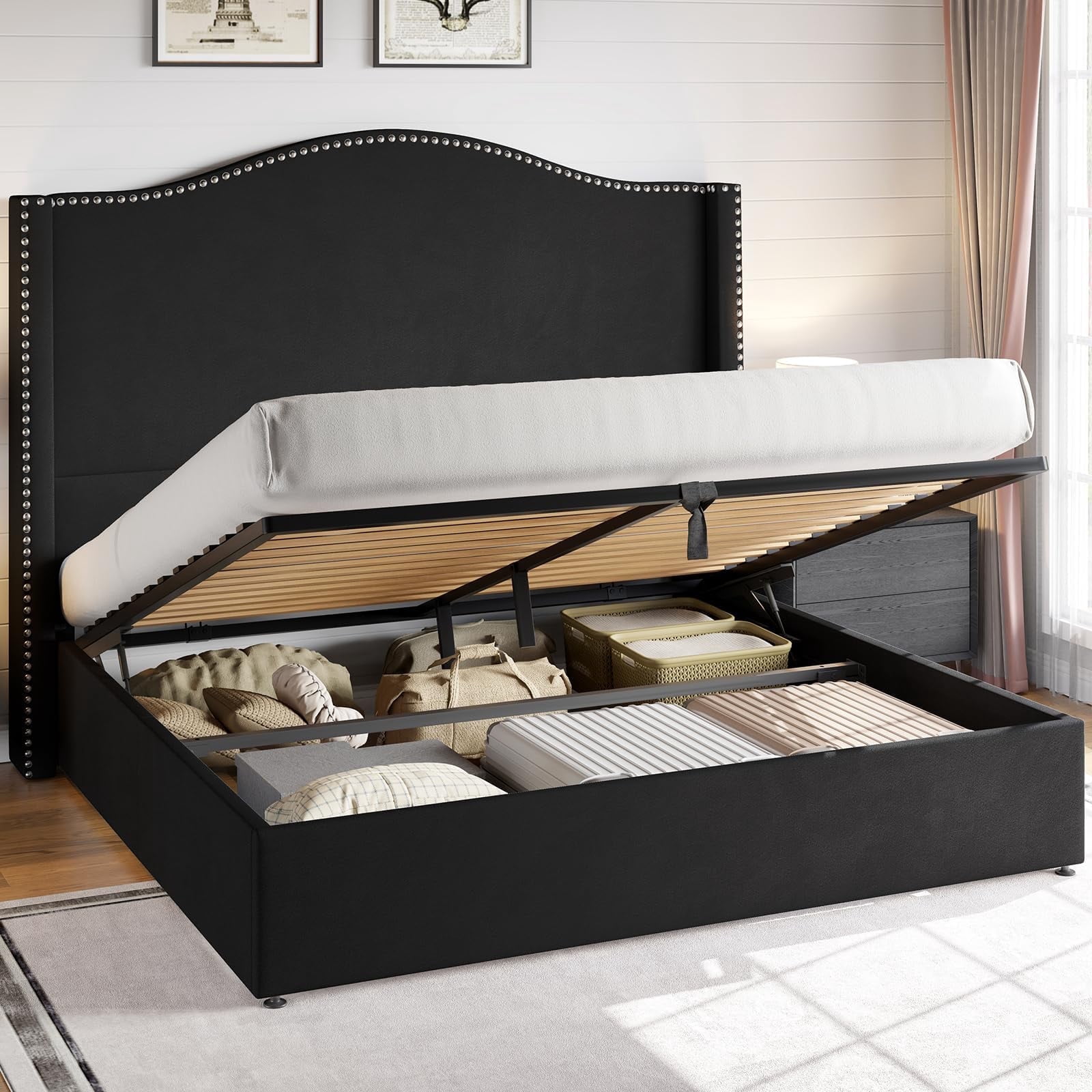 Merluxy Lift Up Storage Bed, Upholstered Platform Bed Frame Tall ...