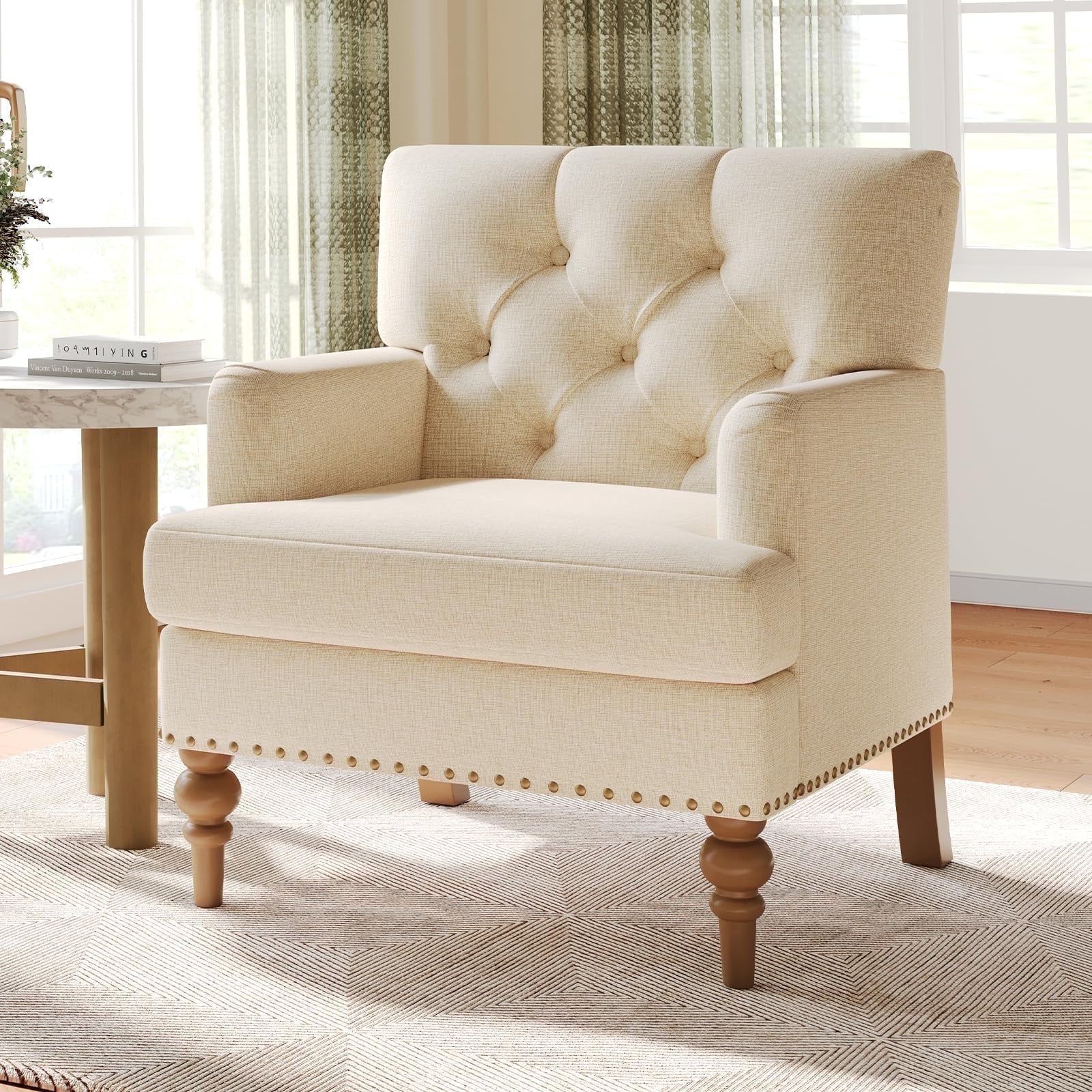 Merluxy Linen Accent Chair, Upholstered Button Tufted Arm Chair for ...