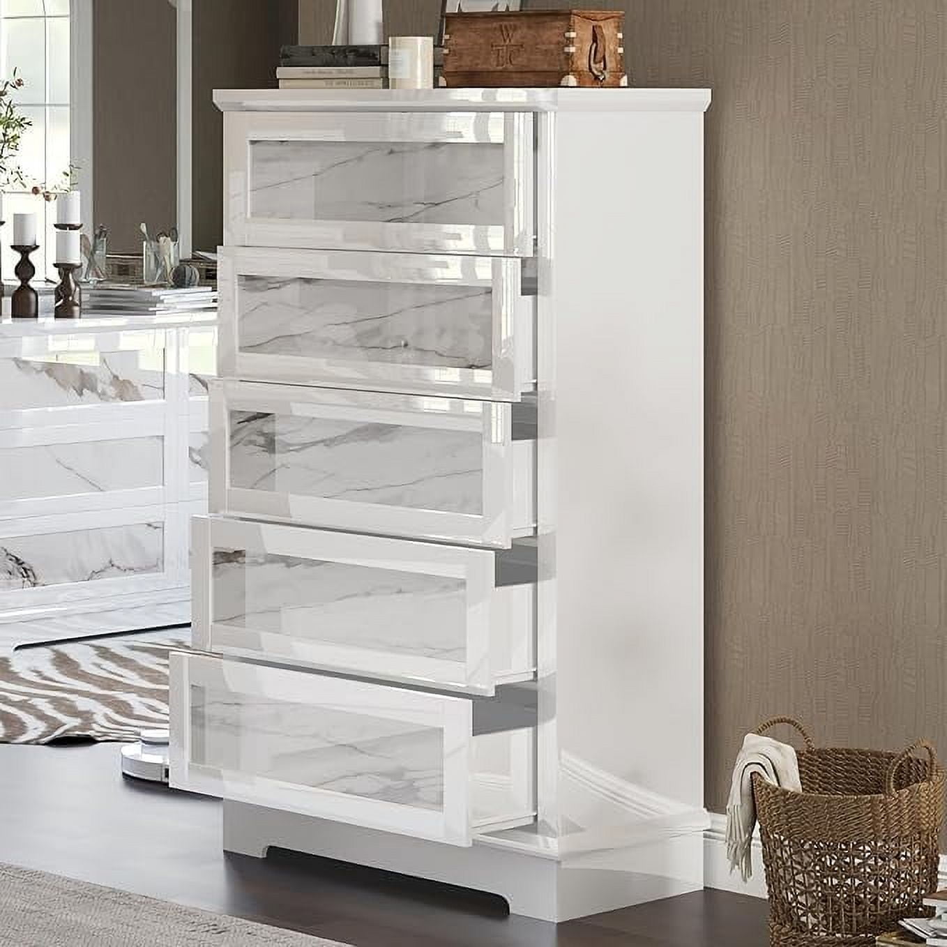Merluxy Luxury 49.2" H High-Gloss 5 Drawer Dresser, Natural Marble ...