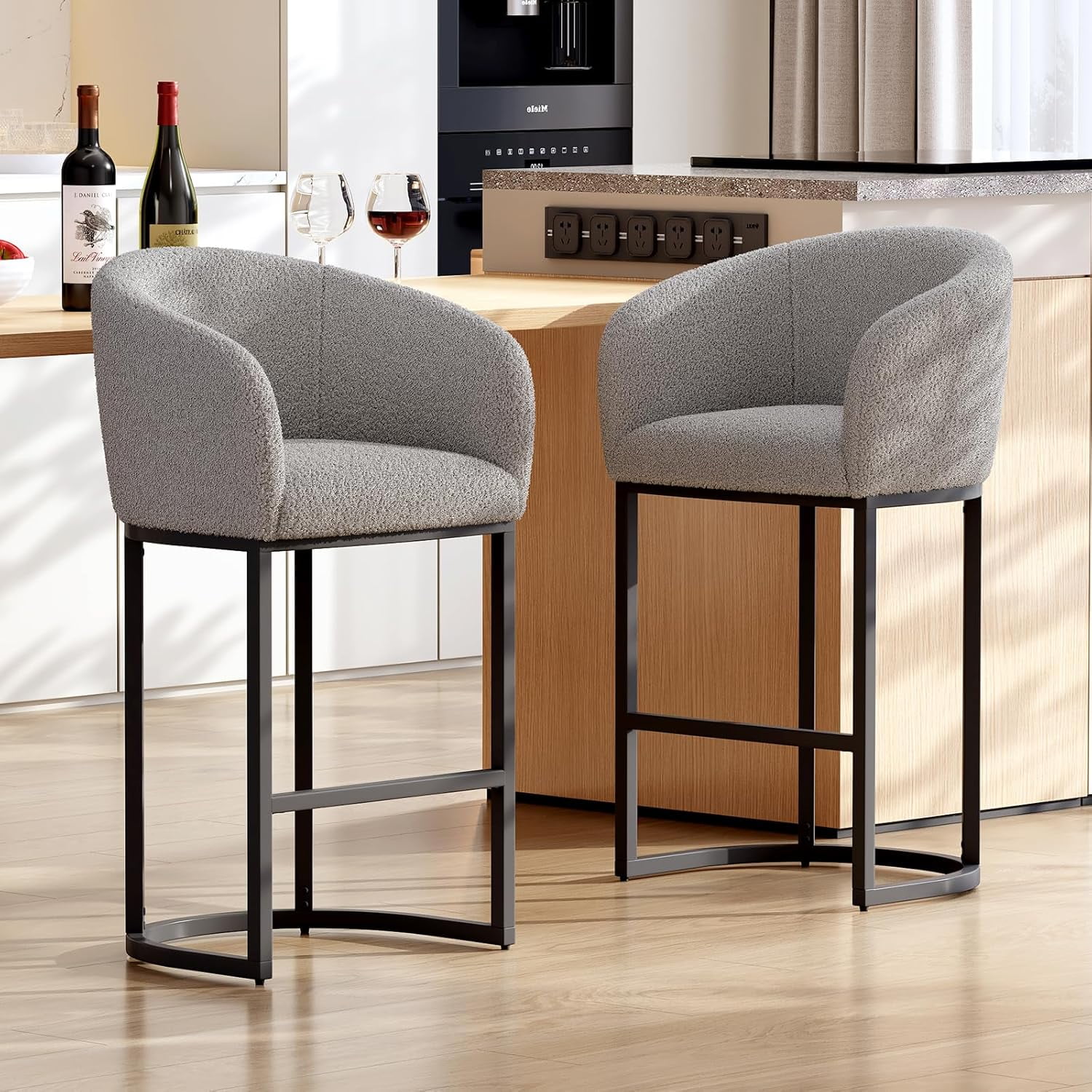 Merluxy Modern Bar Stools Set of 2 for Kitchen Counter, Grey Boucle ...