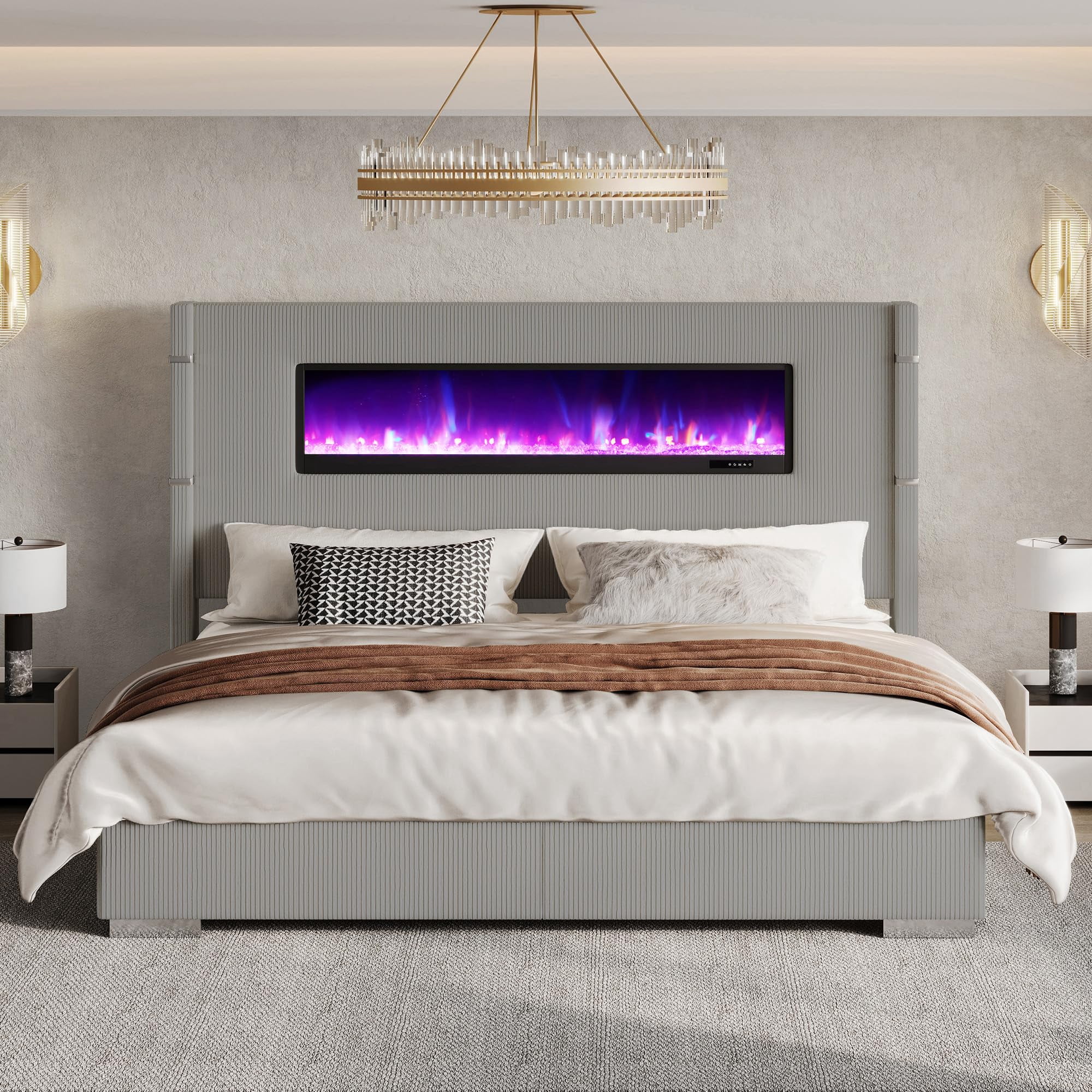 Merluxy Modern King Size Bed Frame with Fireplace and Tall Headboard ...