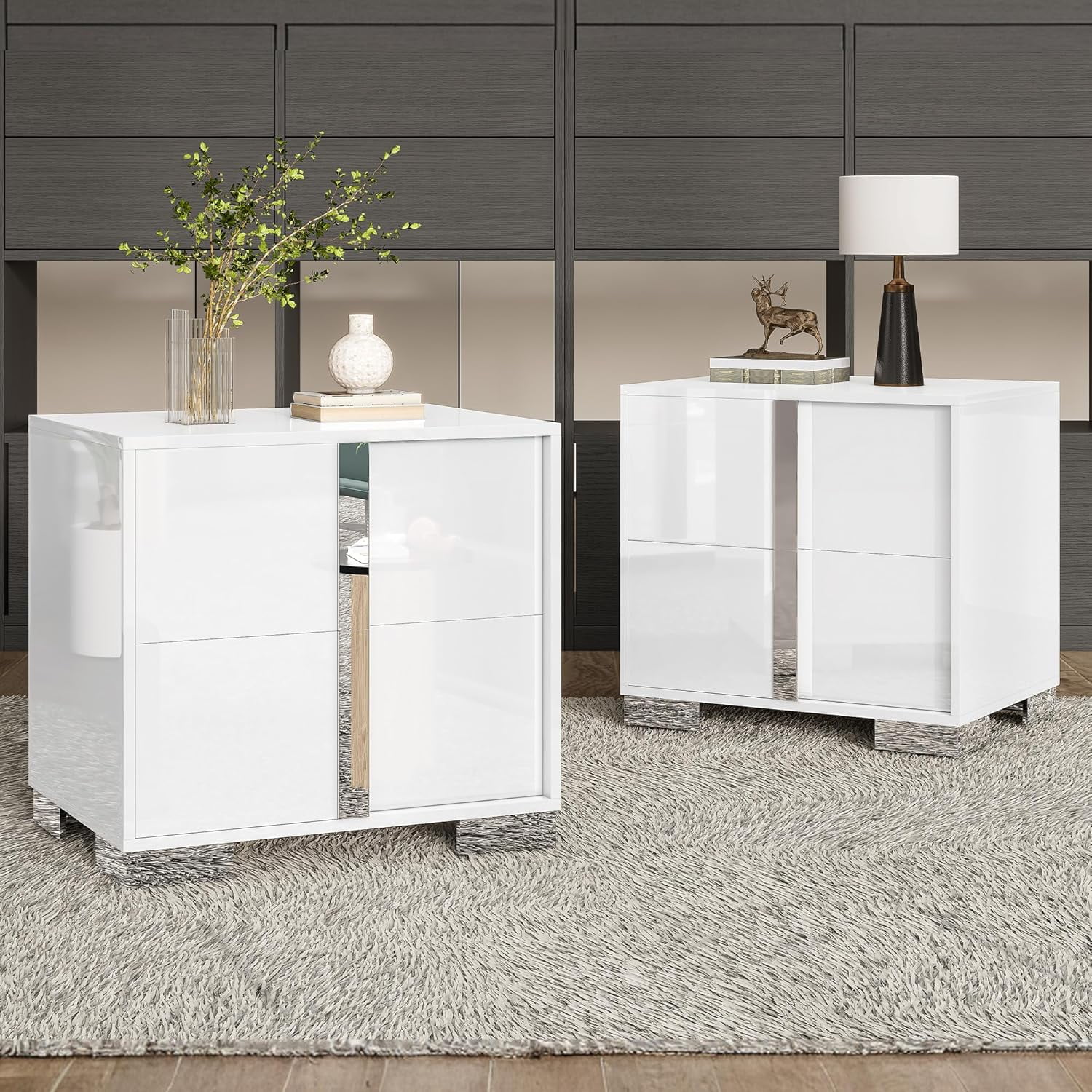 Merluxy Modern Nightstand Set of 2 with Drawers,High Gloss UV Finish ...