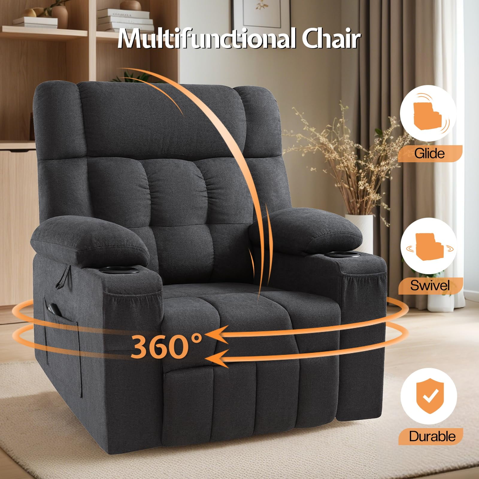 Merluxy Oversize Swivel Rocking Recliner Chair for Adults,Manual Glider ...