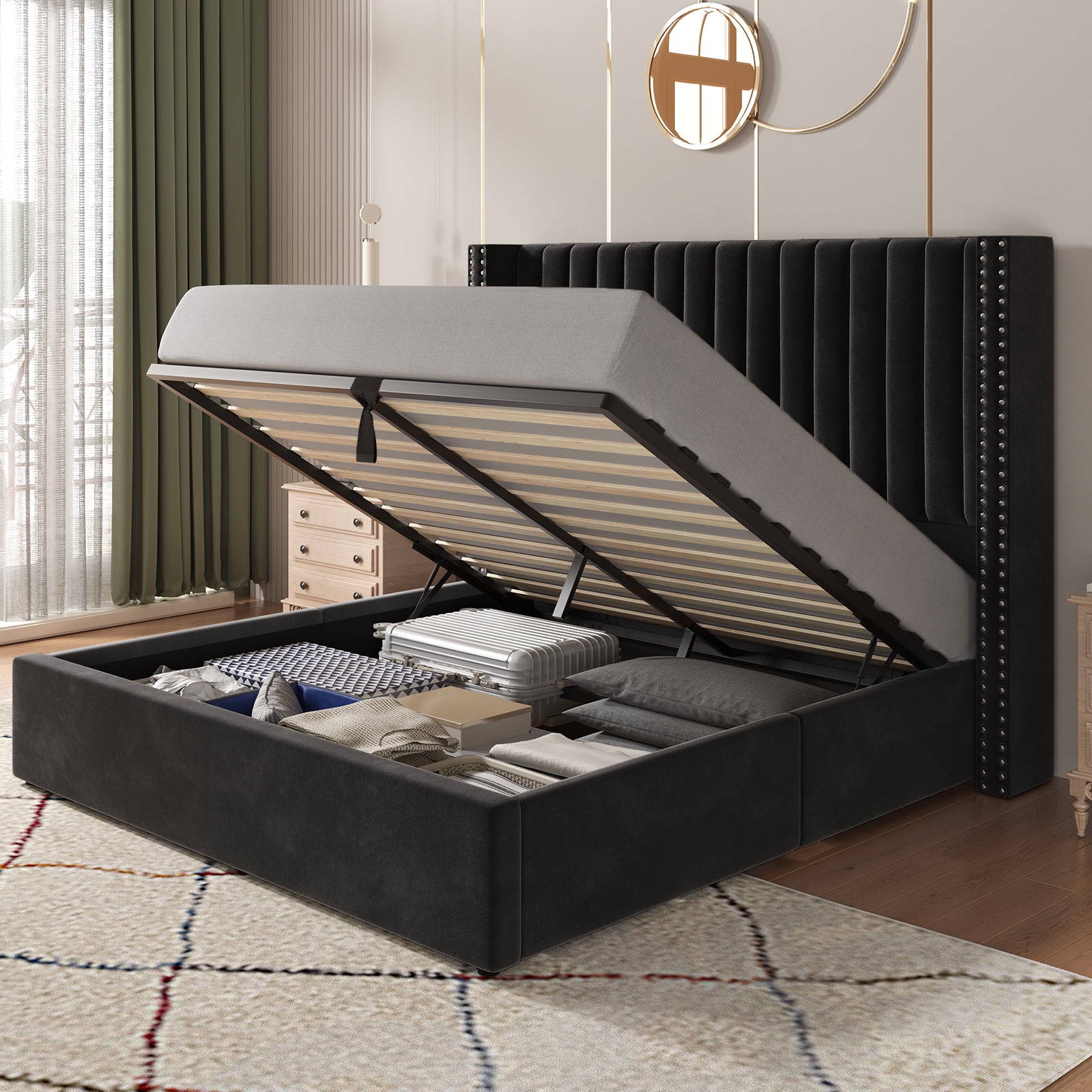 Jocisland Queen Velvet Upholstered Bed Frame with Lift Up Storage ...