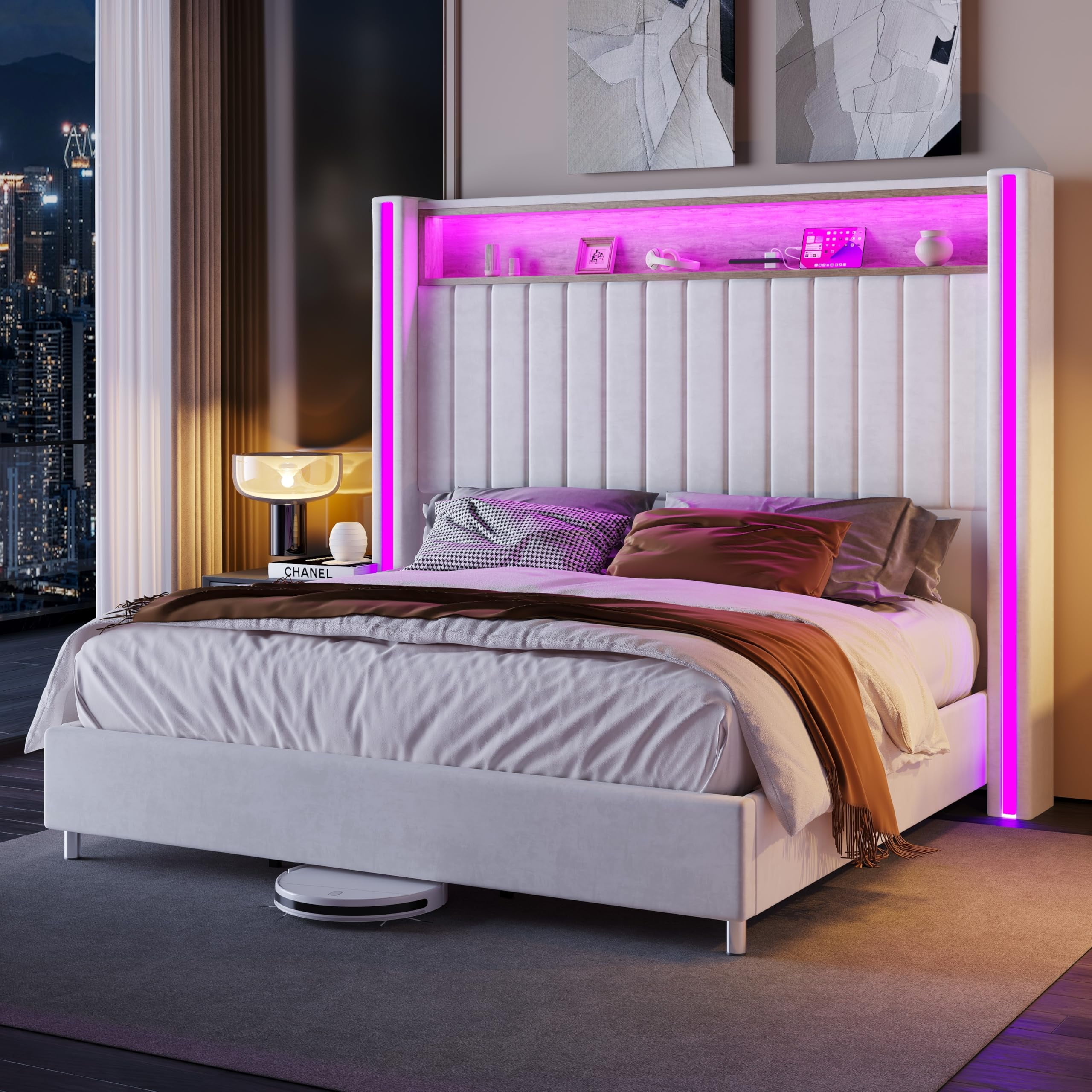 Merluxy Queen Size Bed Frame with LED Lights and Charging Station ...