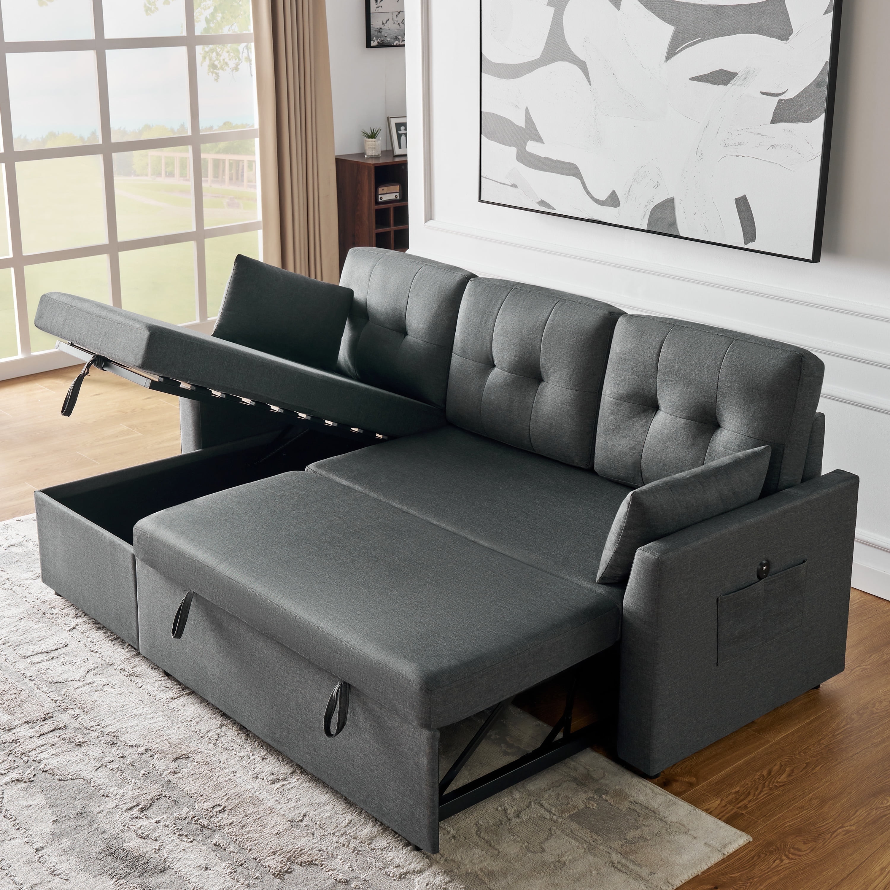 MERLUXY 84" Sofa Bed, Reversible Pull Out Couch with Storage Chaise for ...