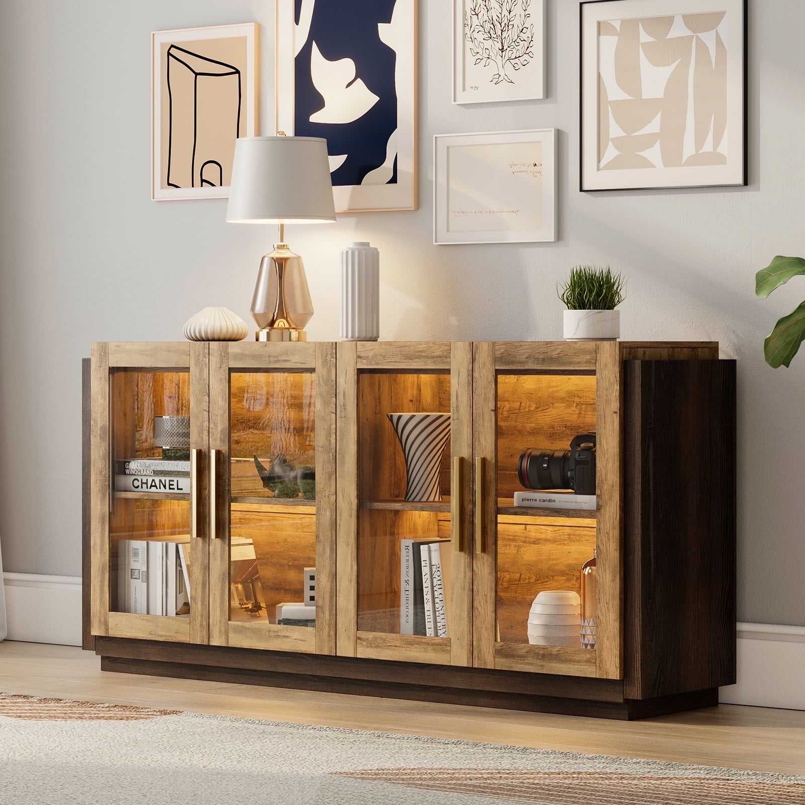 AMERLIFE Modern 4-Door Glass Sideboard Buffet Cabinet with LED Lights ...