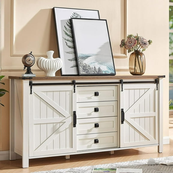 Buffet Cabinet with Microwave Stand, Barn Doors Sideboard Storage ...