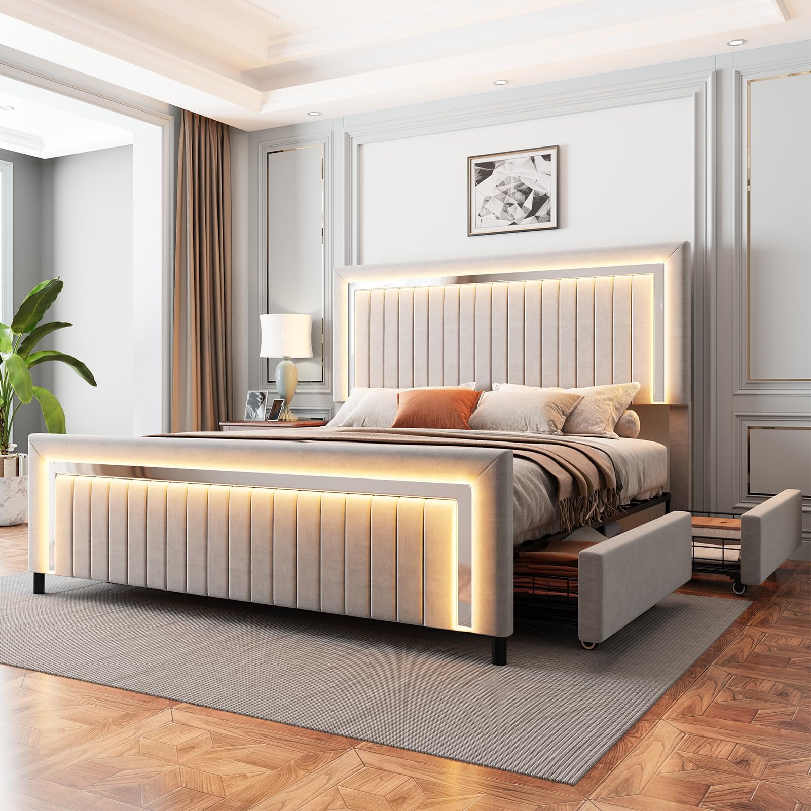 Merluxy Upholstered Platform King Size LED Bed Frame with 4 Storage ...