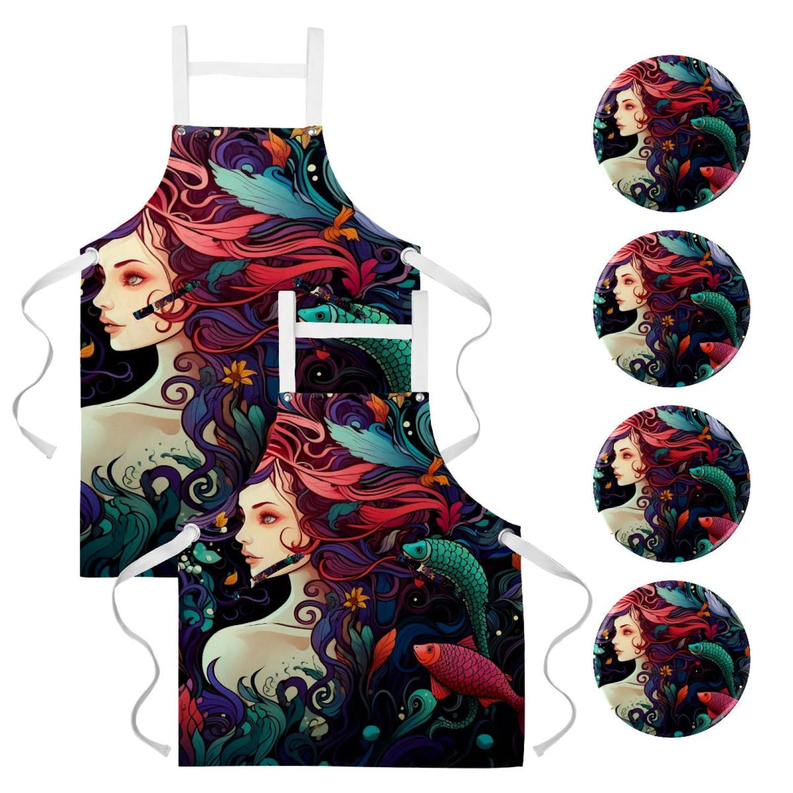 Mermaid 2 Pack Waterproof Chef Apron with Pockets and Badge Set ...