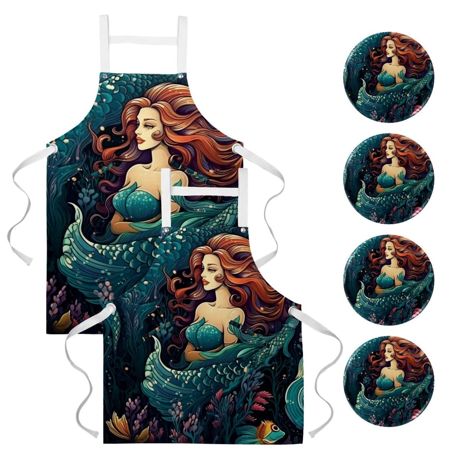 Mermaid 2 Pack Waterproof Cooking Apron with Pockets and Badge Button ...
