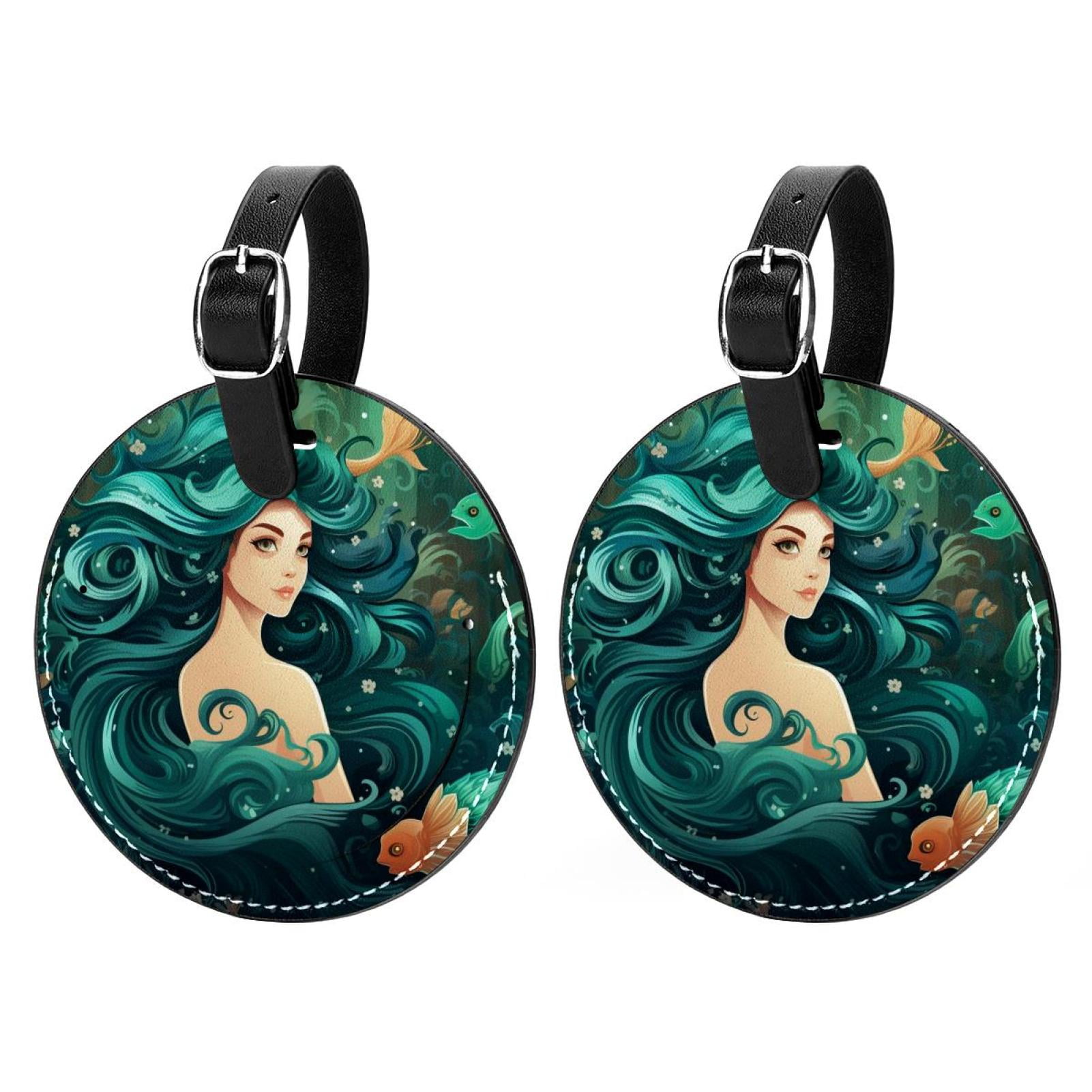 Mermaid 2Pcs PU Leather Round Luggage Tags with Privacy Cover and Name ...