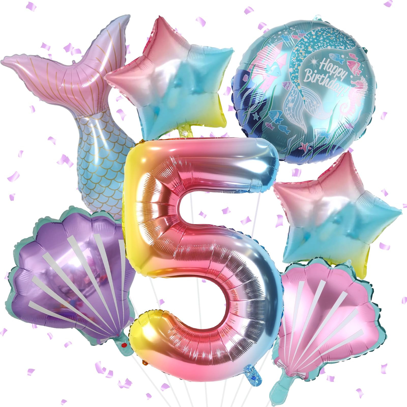 Mermaid 5th Birthday Decorations, 8Pcs Mermaid BSL1 Birthday ...