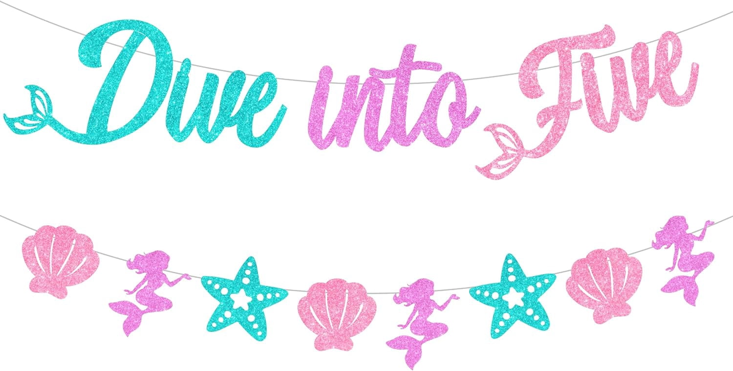 Mermaid 5th Birthday Decorations, Dive Into Five Banner, Mermaid ...