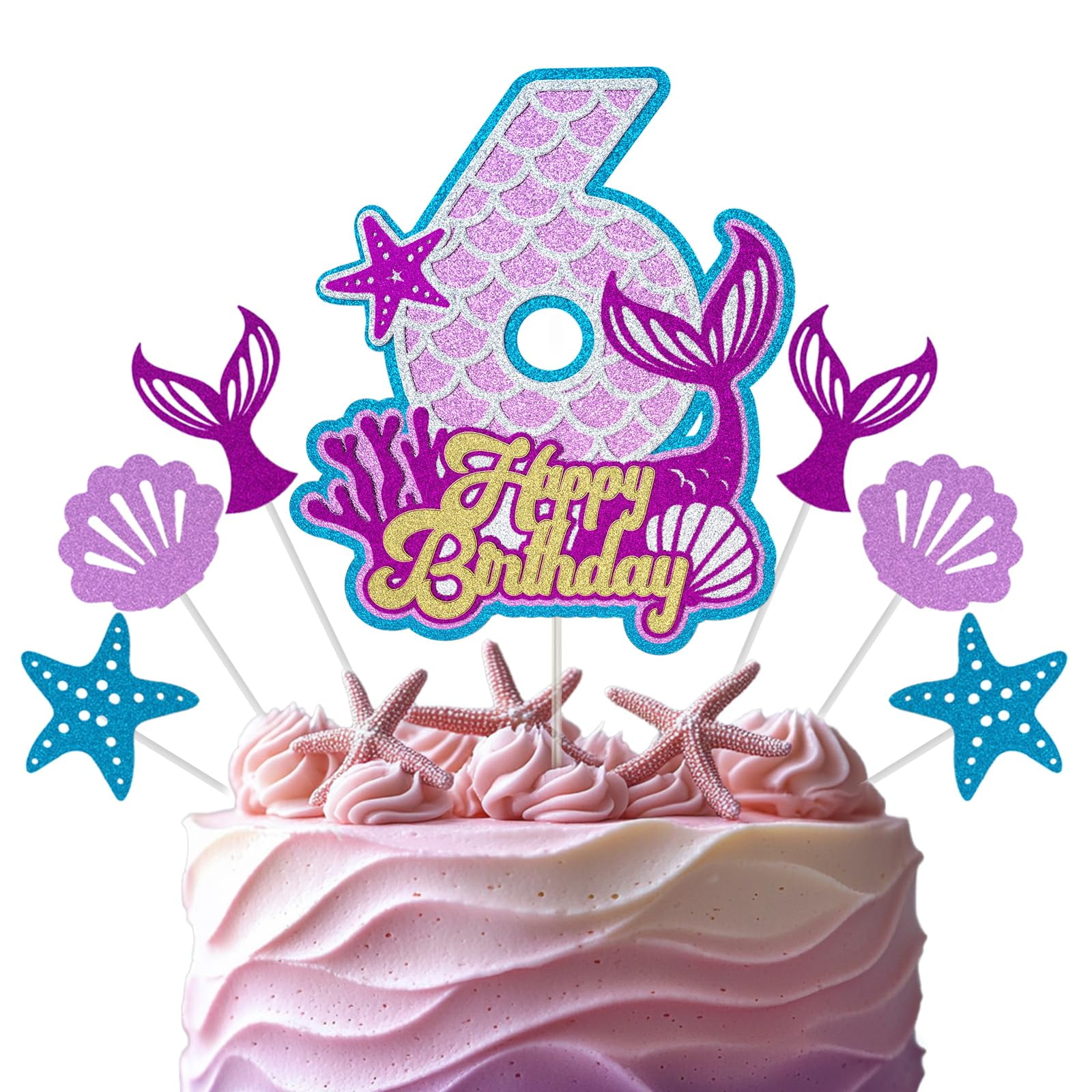 Mermaid 6th Birthday Cake Topper, Birthday BSL1 Cake Decorations for 6 ...