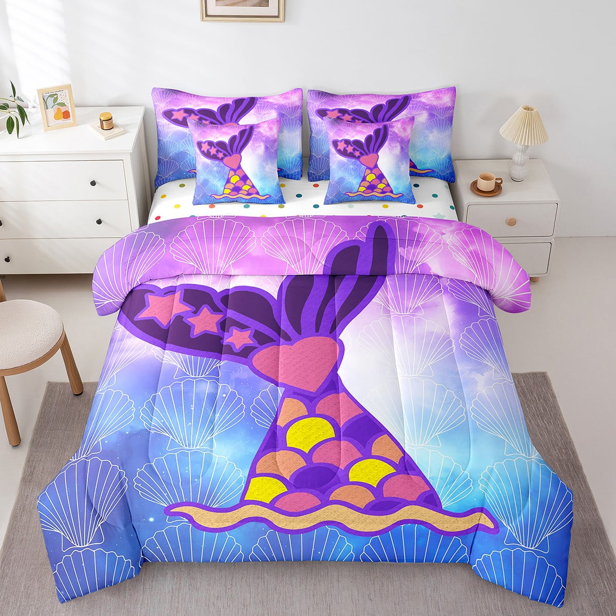 Mermaid 7 Piece Comforter Set Full Bed in a Bag Gradient Purple Blue ...