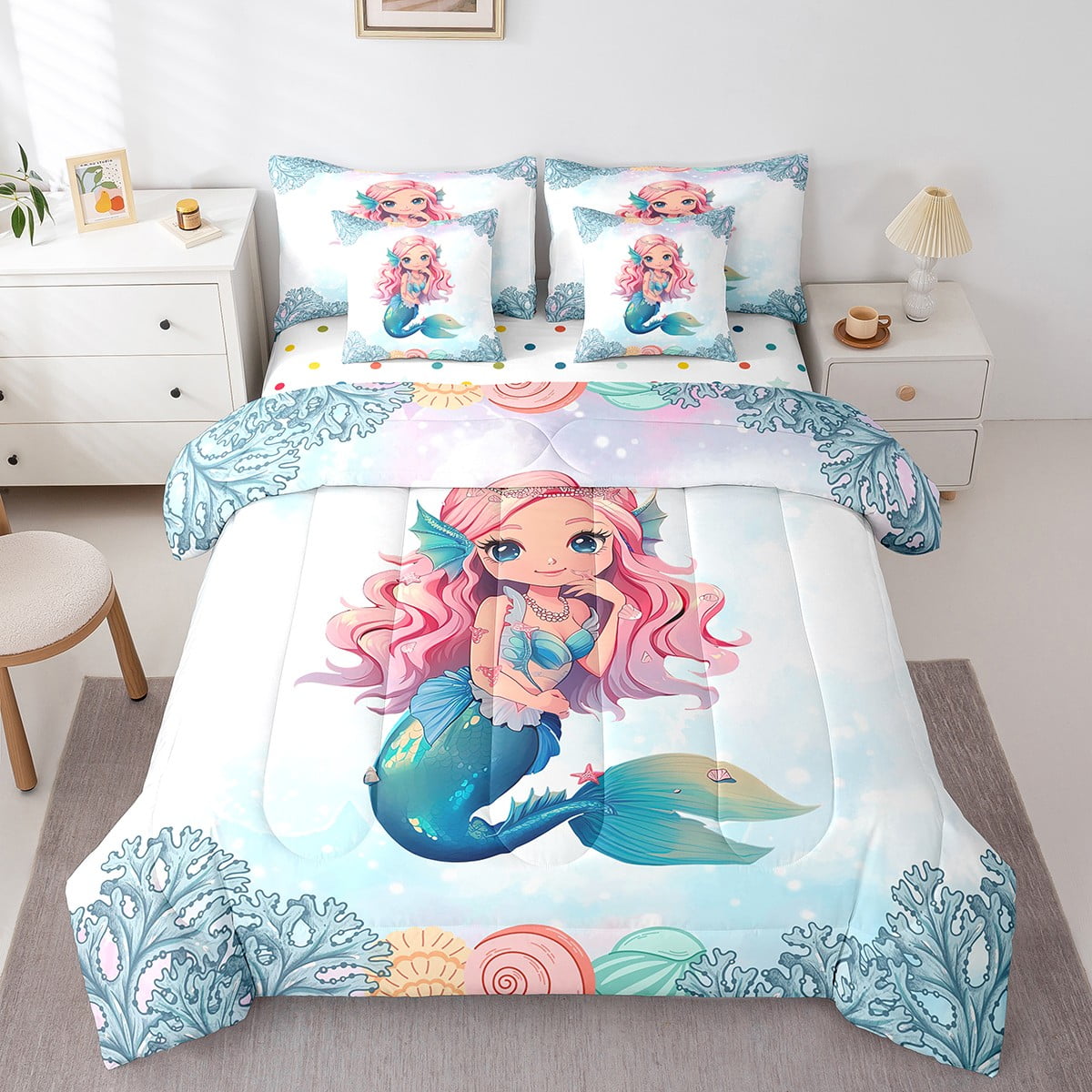Mermaid Afro Hair Girl Bed in a Bag Queen Comforter Set 7 Piece,Cute ...