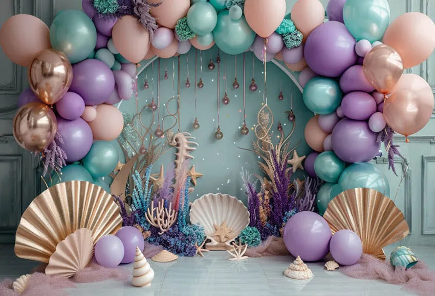 Mermaid Arch Balloons Shells Girl Birthday Party Cake Smash Portrait r ...