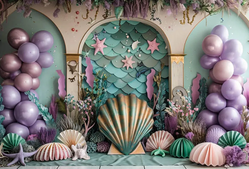 Mermaid Arch Balloons Shells Girl Birthday Party Cake Smash Portrait r ...