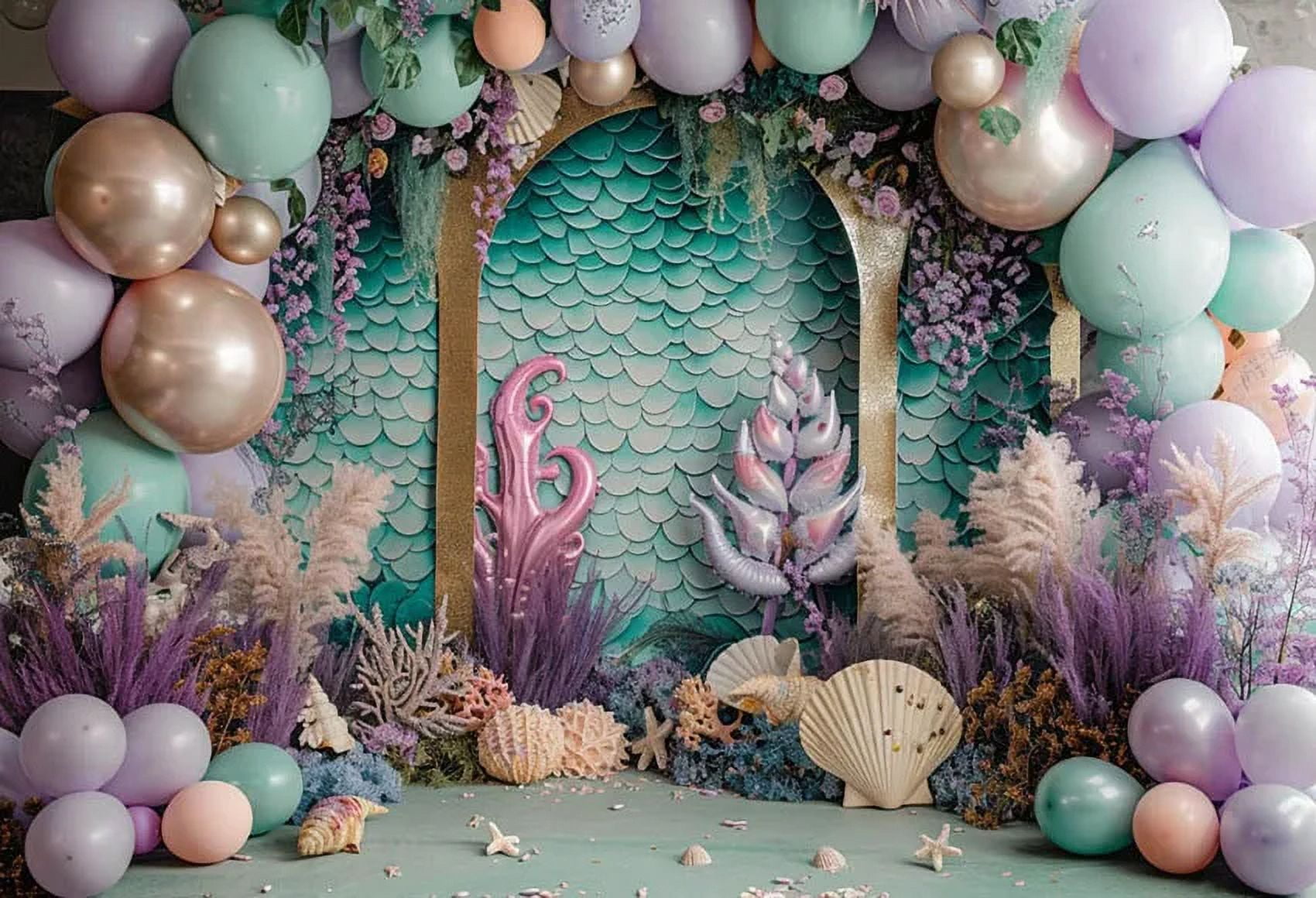 Mermaid Arch Balloons Shells Girl Birthday Party Cake Smash Portrait r ...